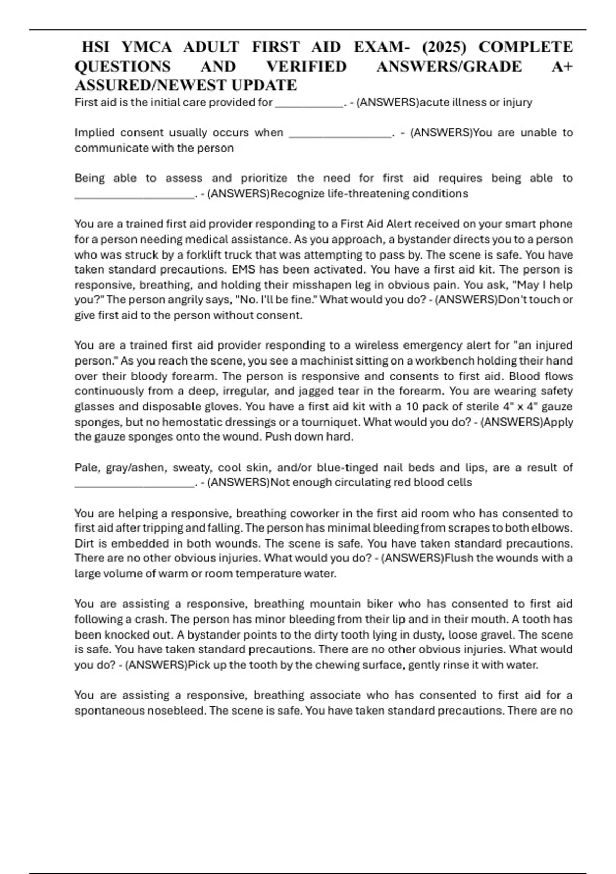 HSI YMCA ADULT FIRST AID EXAM- (2025) COMPLETE QUESTIONS AND VERIFIED ...