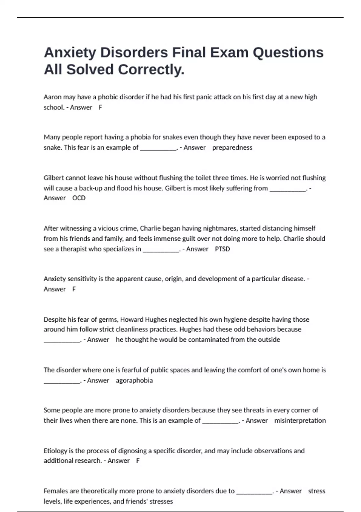 Anxiety Disorders Final Exam Questions All Solved Correctly. - Anxiety ...
