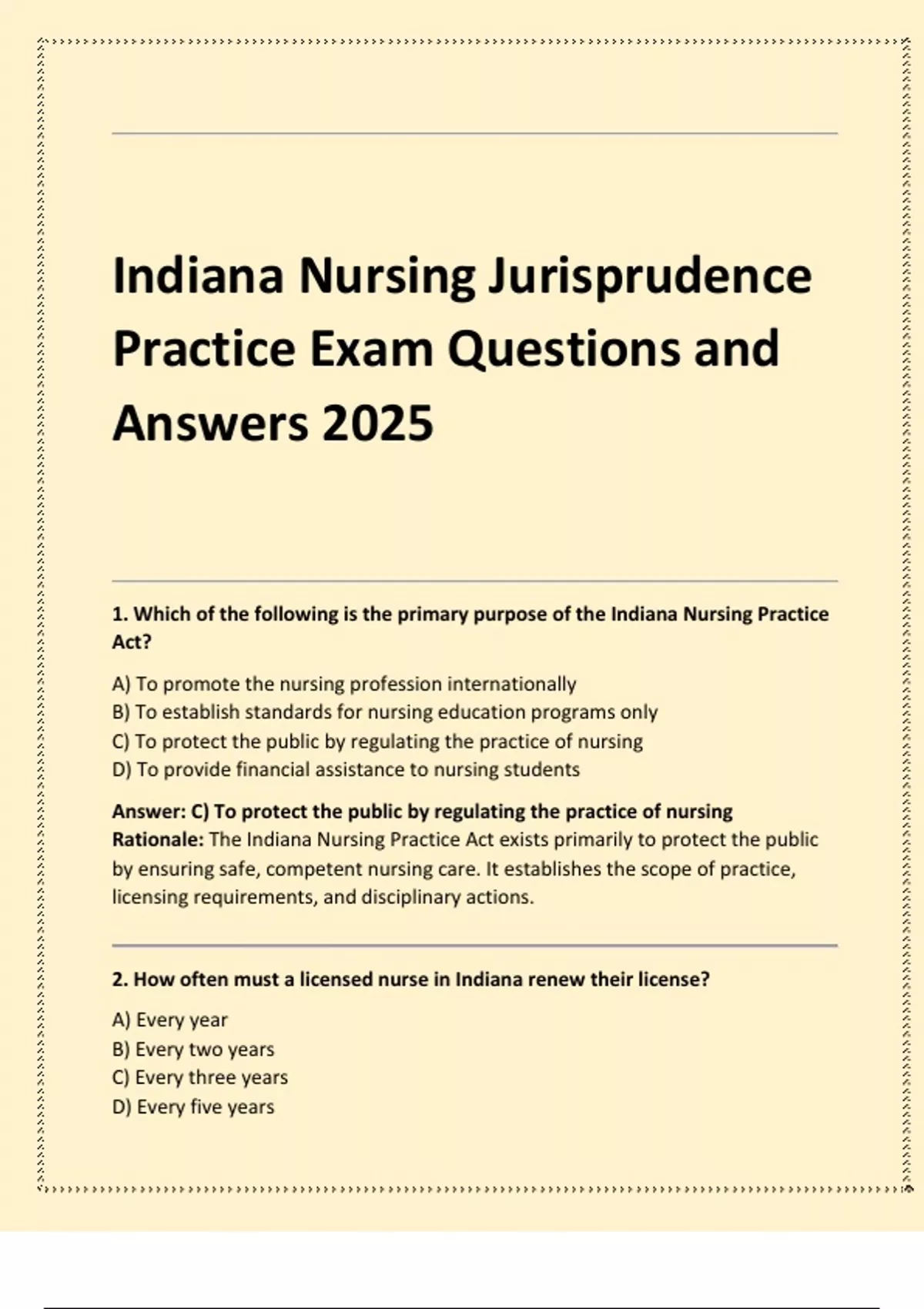 Indiana Nursing Jurisprudence Practice Exam Questions and Answers 2025 ...