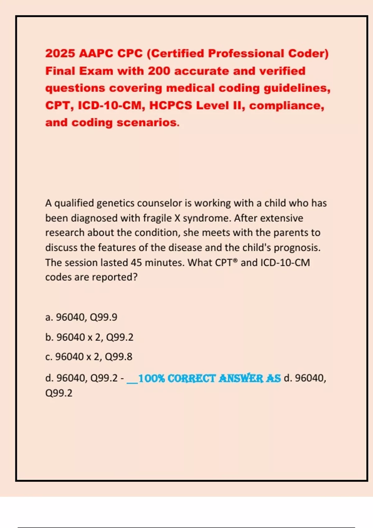 2025 AAPC CPC (Certified Professional Coder) Final Exam with 200 accurate and verified questions ...