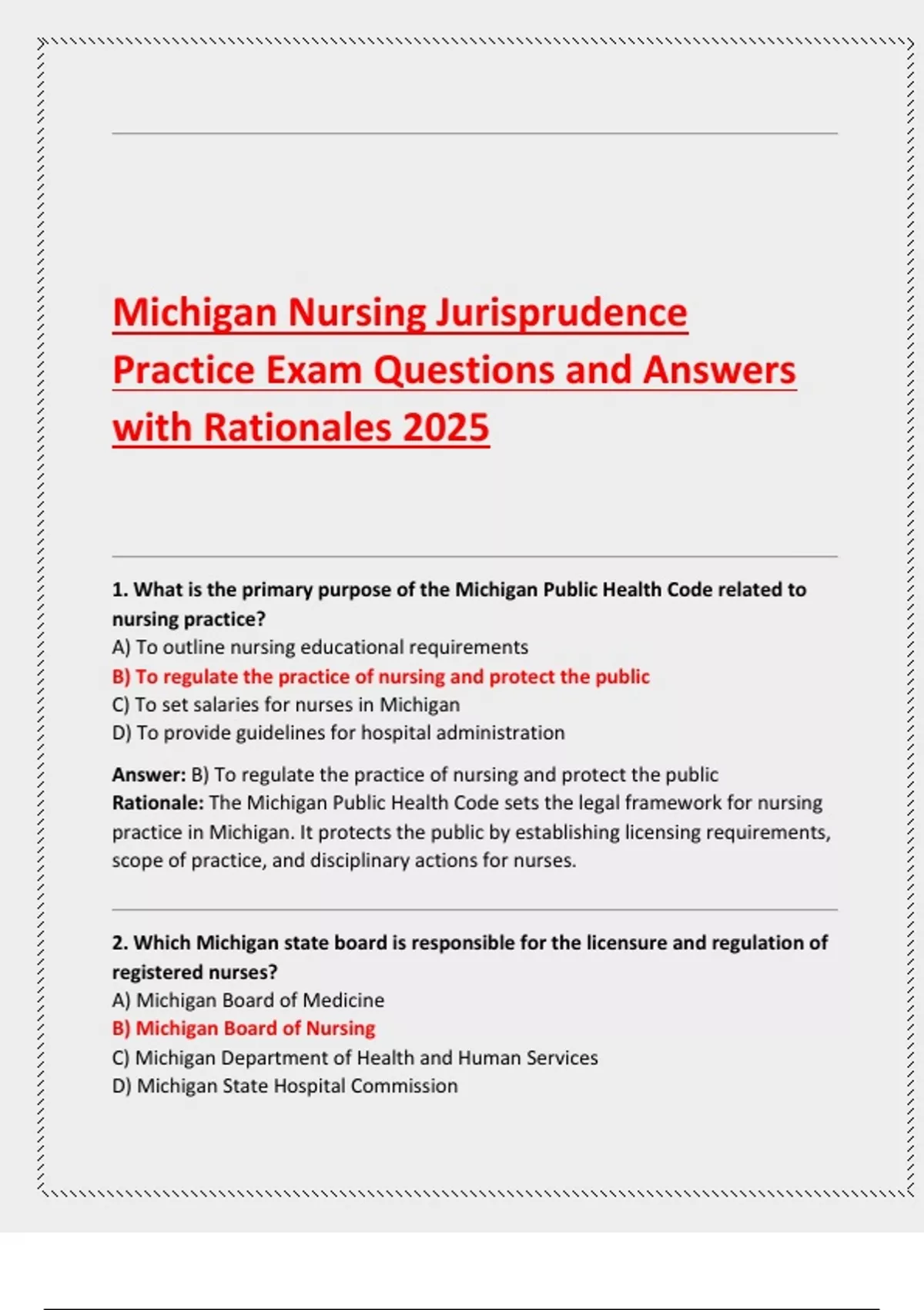 Michigan Nursing Jurisprudence Practice Exam Questions and Answers with ...