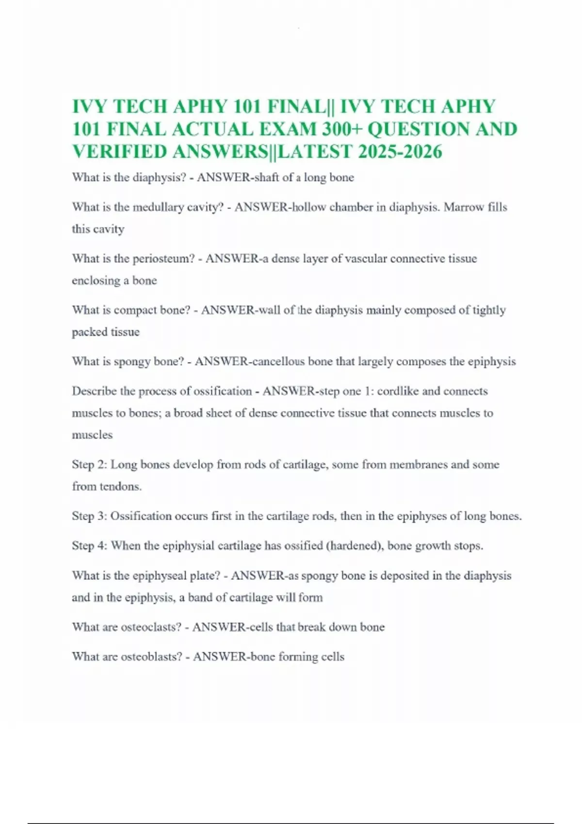 IVY TECH APHY 101 FINAL|| IVY TECH APHY 101 FINAL ACTUAL EXAM 300 ...