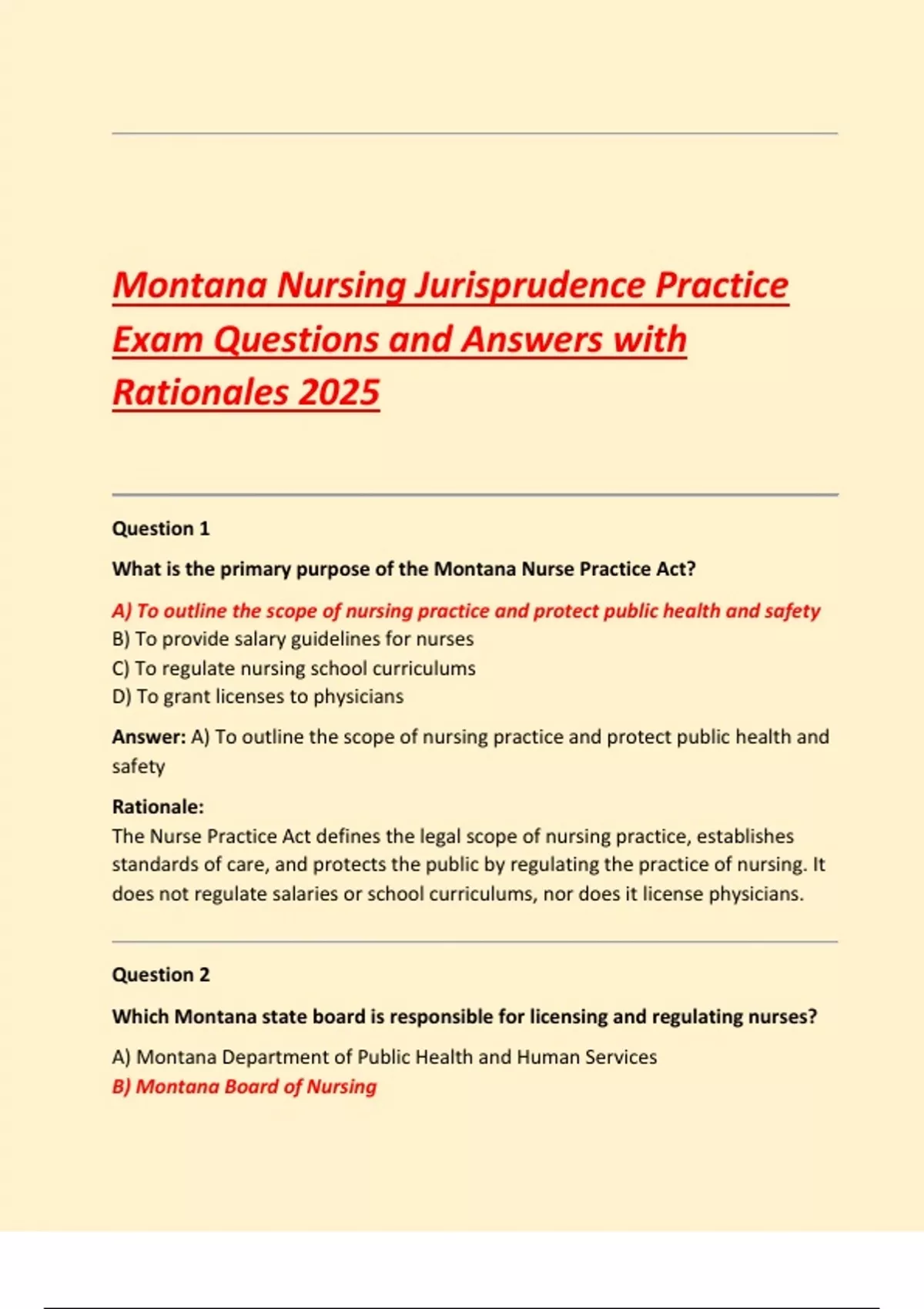 Montana Nursing Jurisprudence Practice Exam Questions and Answers with Rationales 2025 - Montana ...
