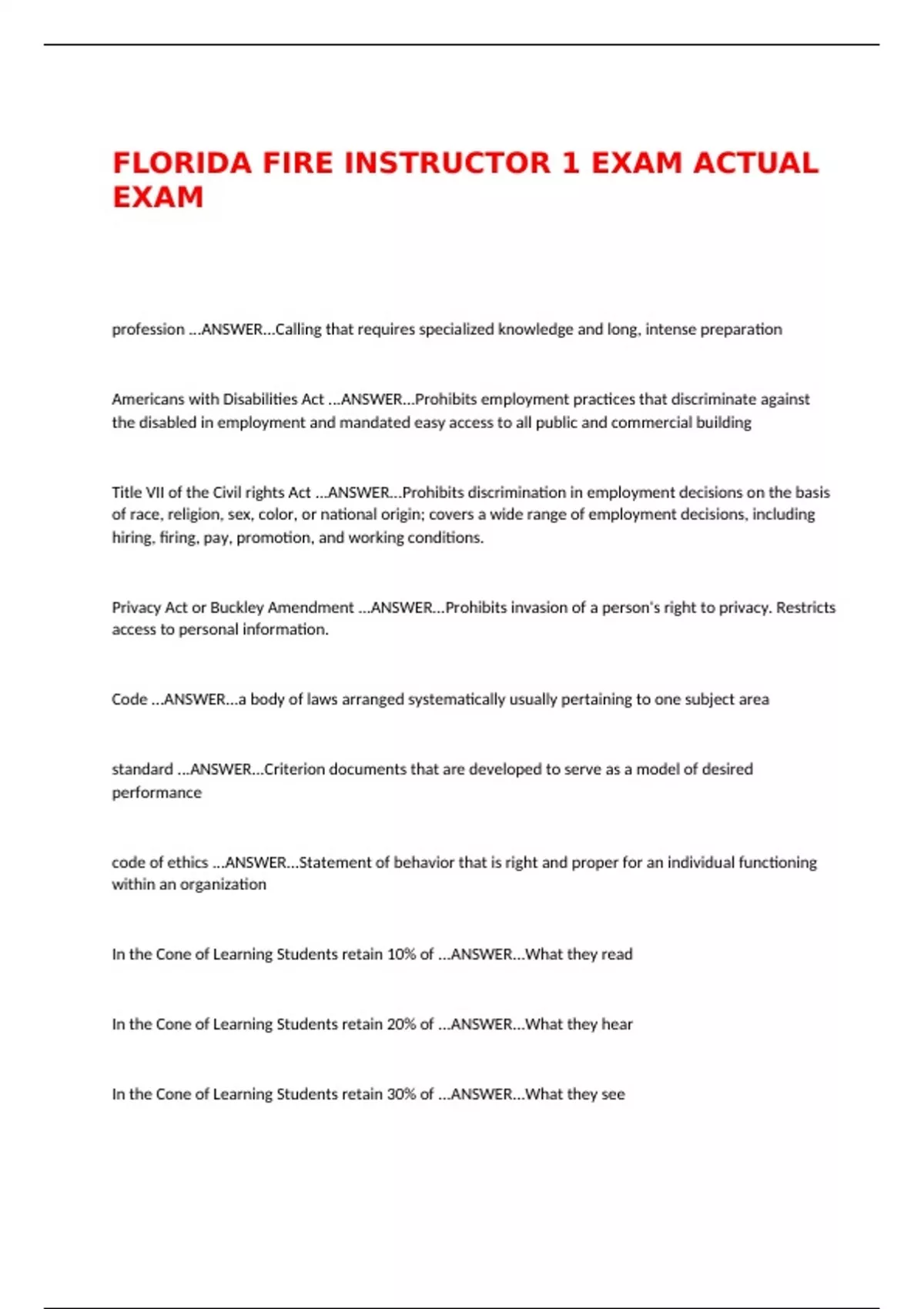 FLORIDA FIRE INSTRUCTOR 1 EXAM ACTUAL EXAM - FLORIDA FIRE INSTRUCTOR 1 ...
