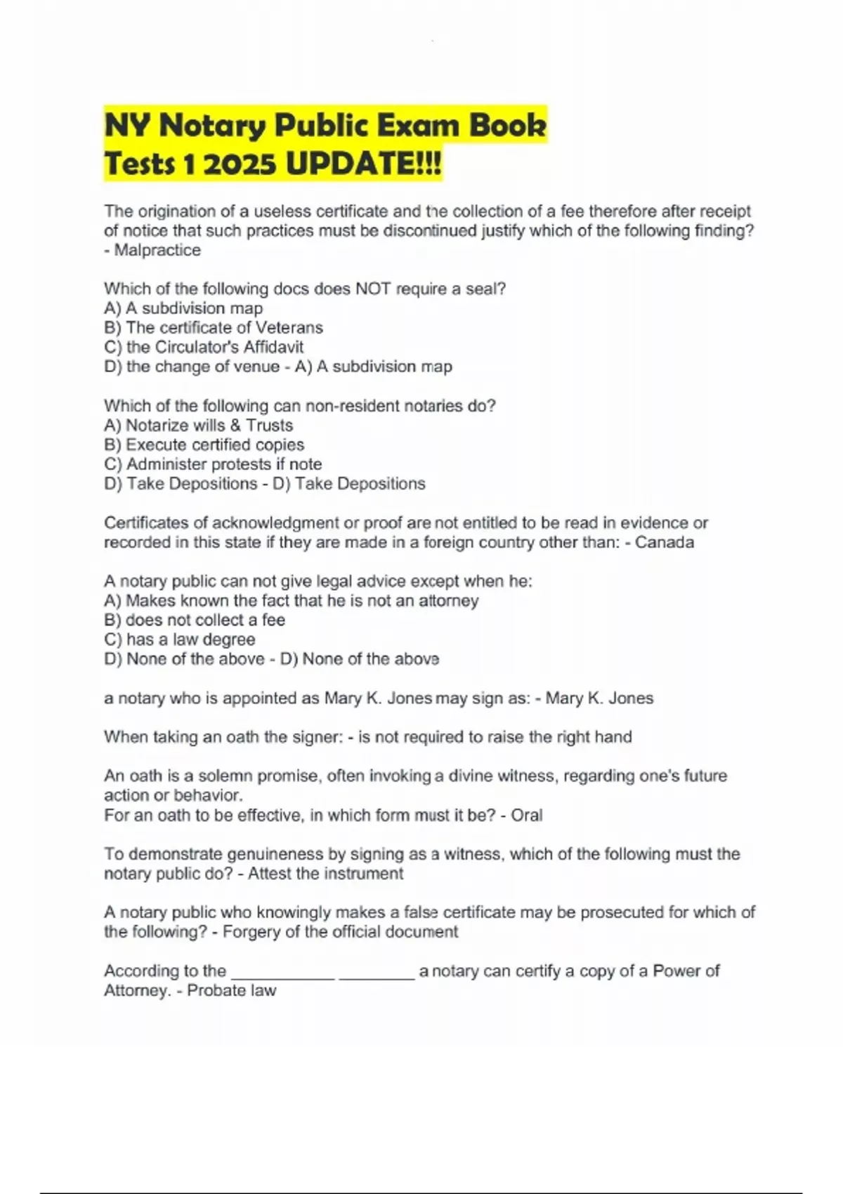 NY Notary Public Exam Book Tests 1 2025 UPDATE!!! - Notary - Stuvia US