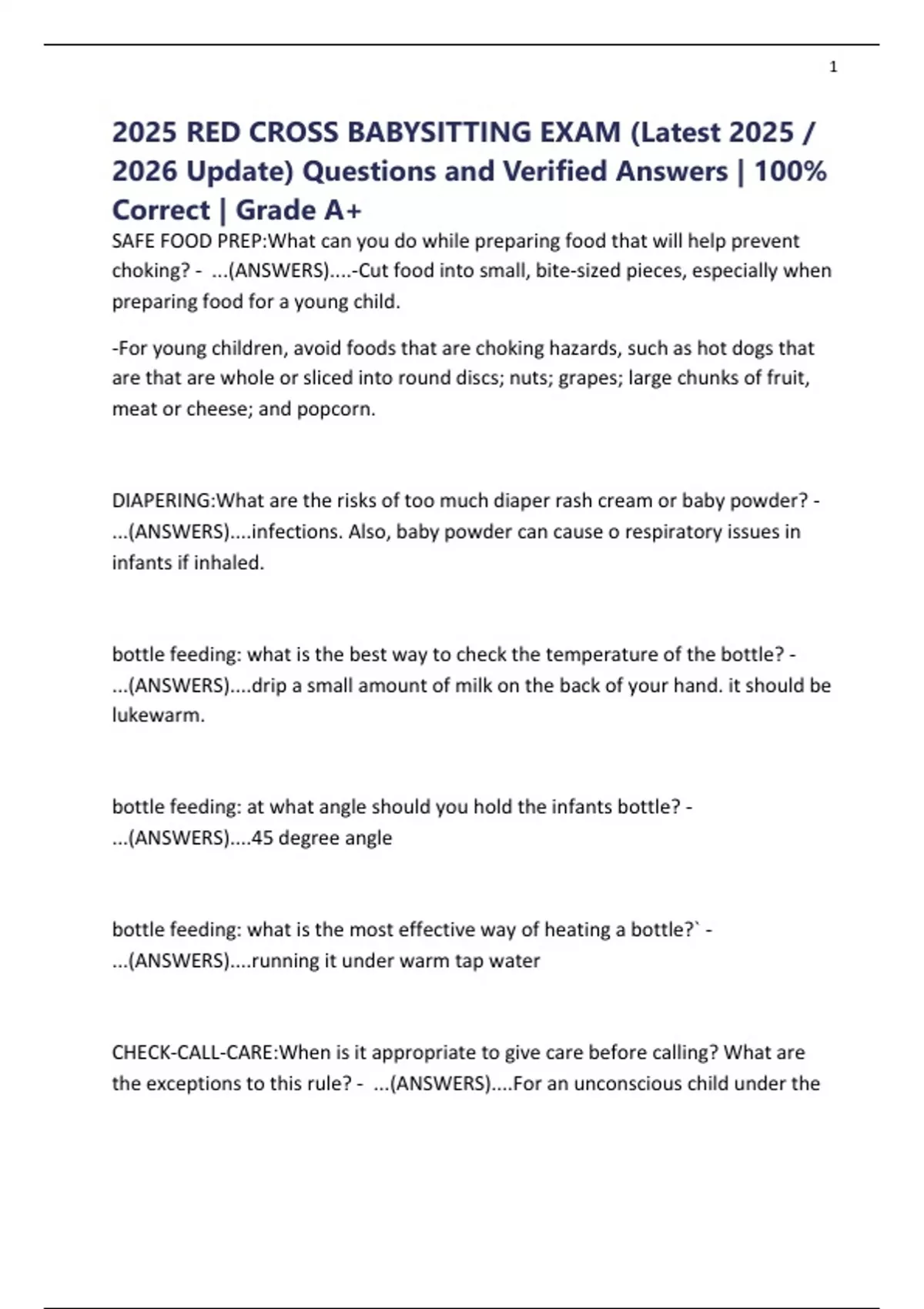 2025 RED CROSS BABYSITTING EXAM (Latest 2025 / 2026 Update) Questions ...