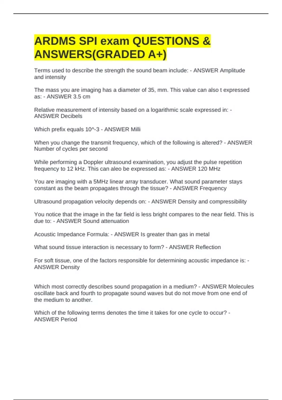 ARDMS SPI exam QUESTIONS & ANSWERS(GRADED A+) - ARDMS SPI - Stuvia US