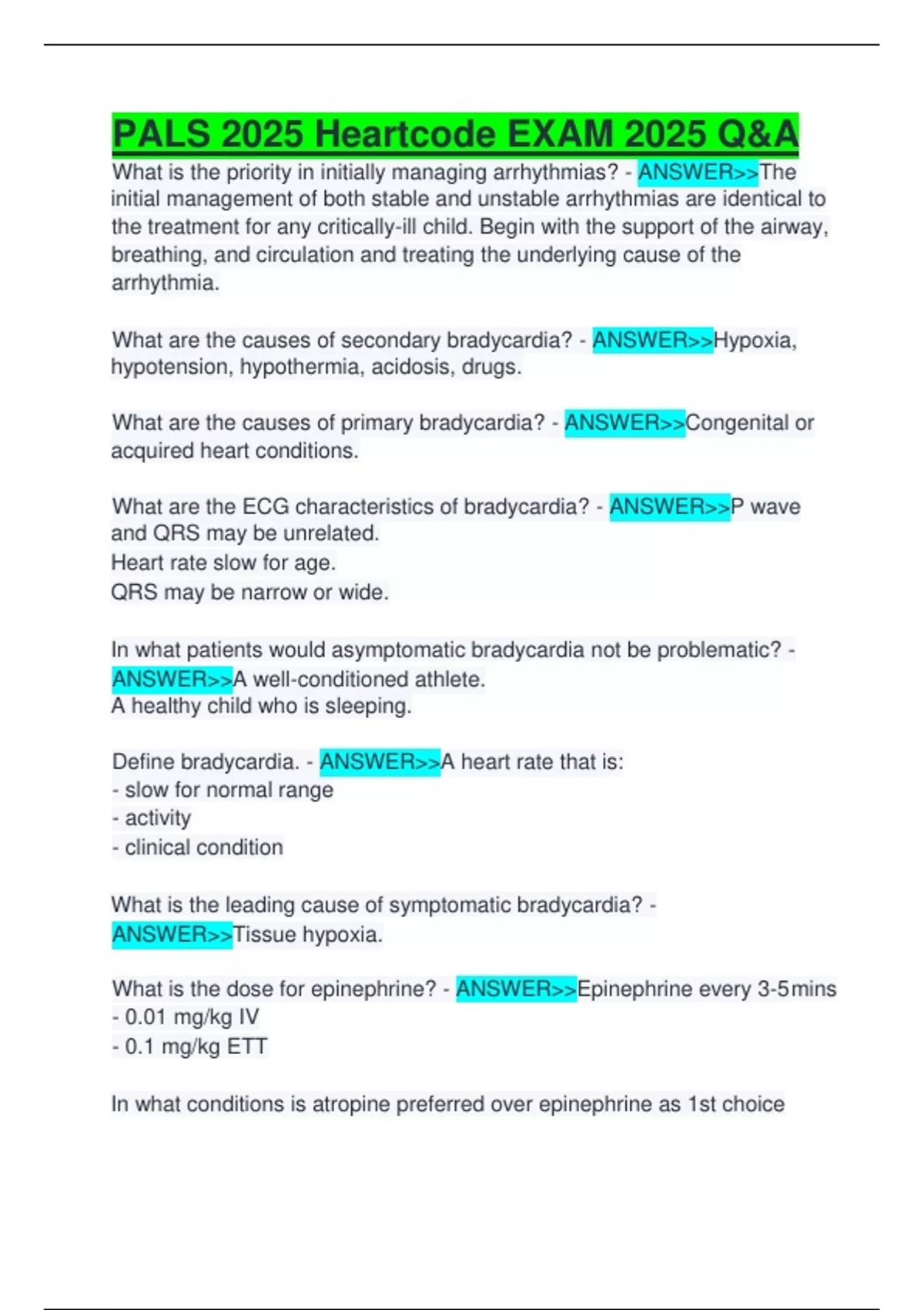 PALS 2025 Heartcode EXAM - Pals heartcode - Stuvia US
