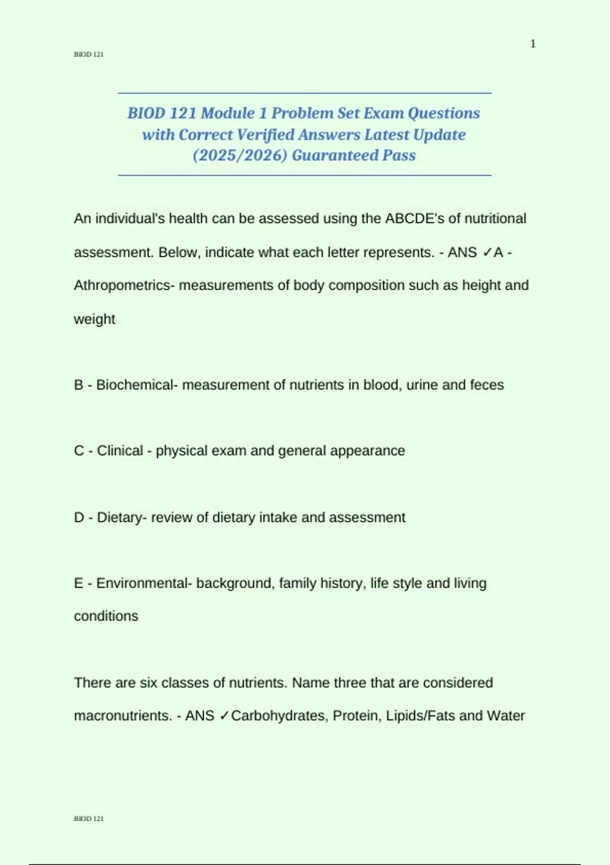 BIOD 121 Module 1 Problem Set Exam Questions with Correct Verified ...