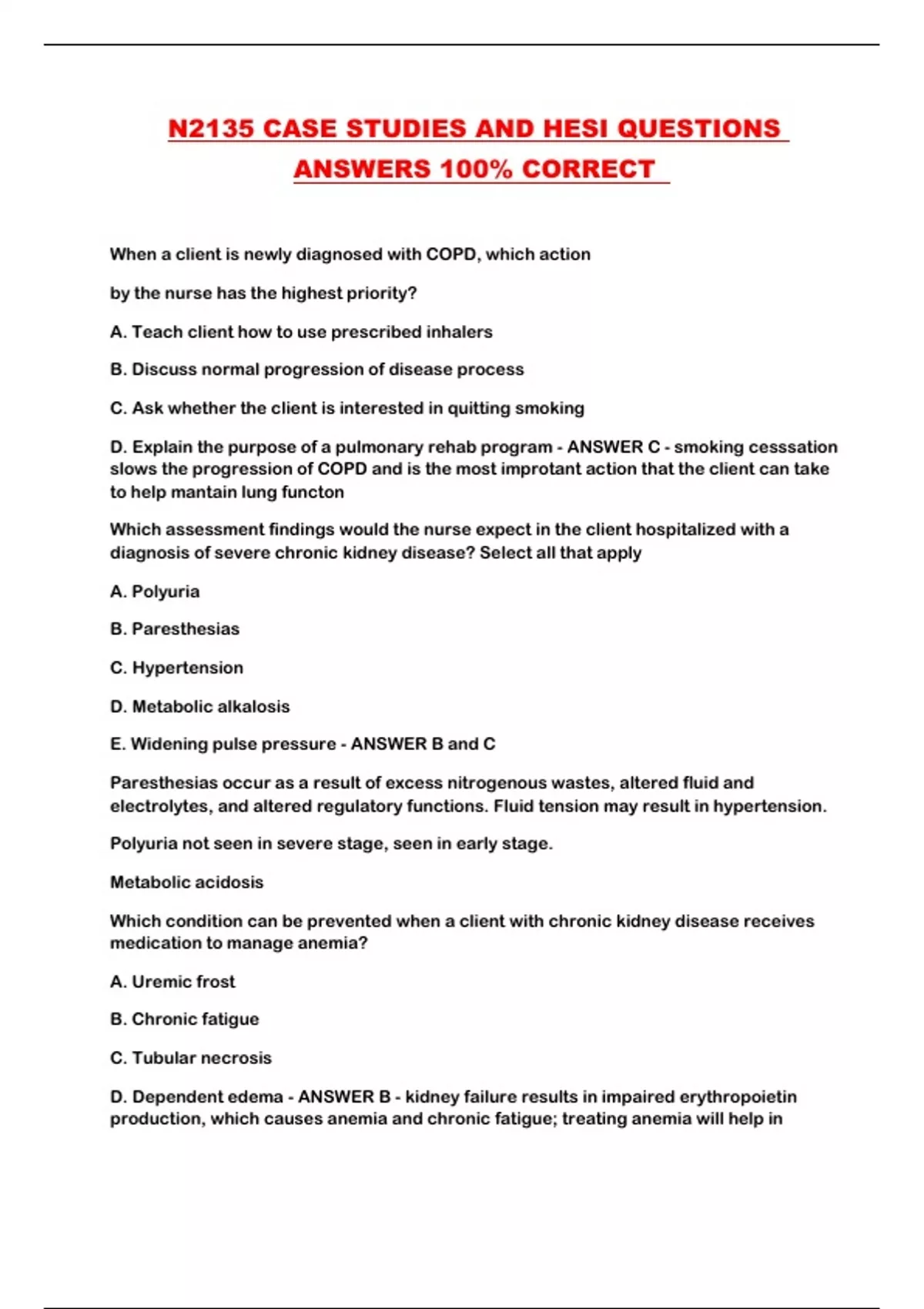 N2135 CASE STUDIES AND HESI QUESTIONS ANSWERS 100% CORRECT - N2135 ...