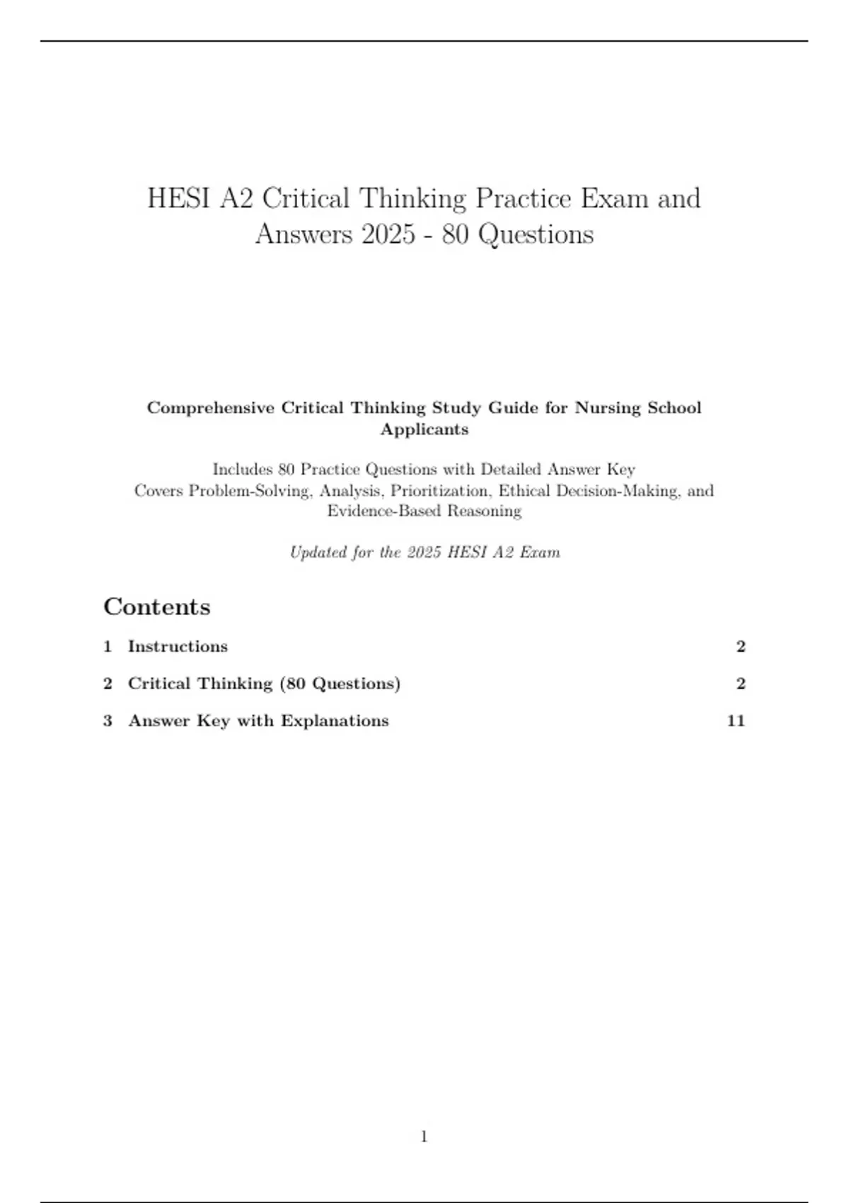 HESI A2 Critical Thinking Practice Exam and Answers 2025 - 80 Questions - HESI A2 Critical ...
