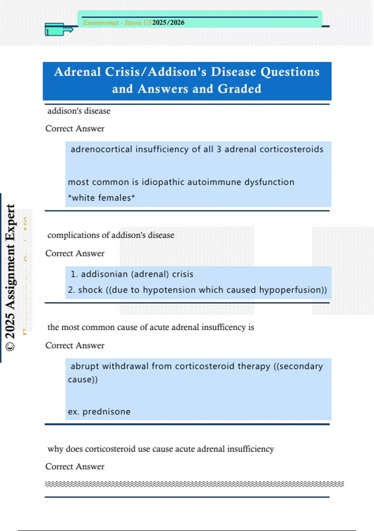 Adrenal Crisis/Addison's Disease Questions and Answers and Graded ...
