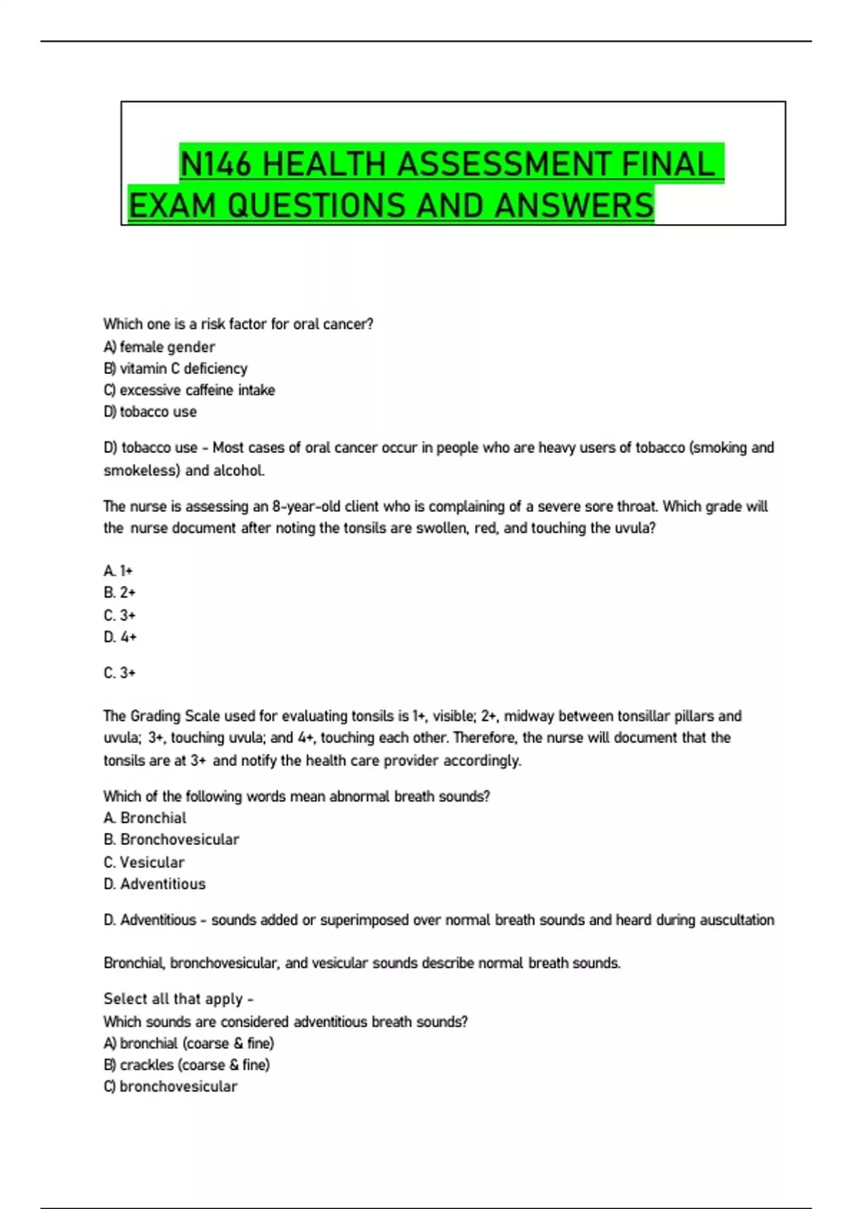 N146 HEALTH ASSESSMENT FINAL EXAM QUESTIONS AND ANSWERS - N146 health ...