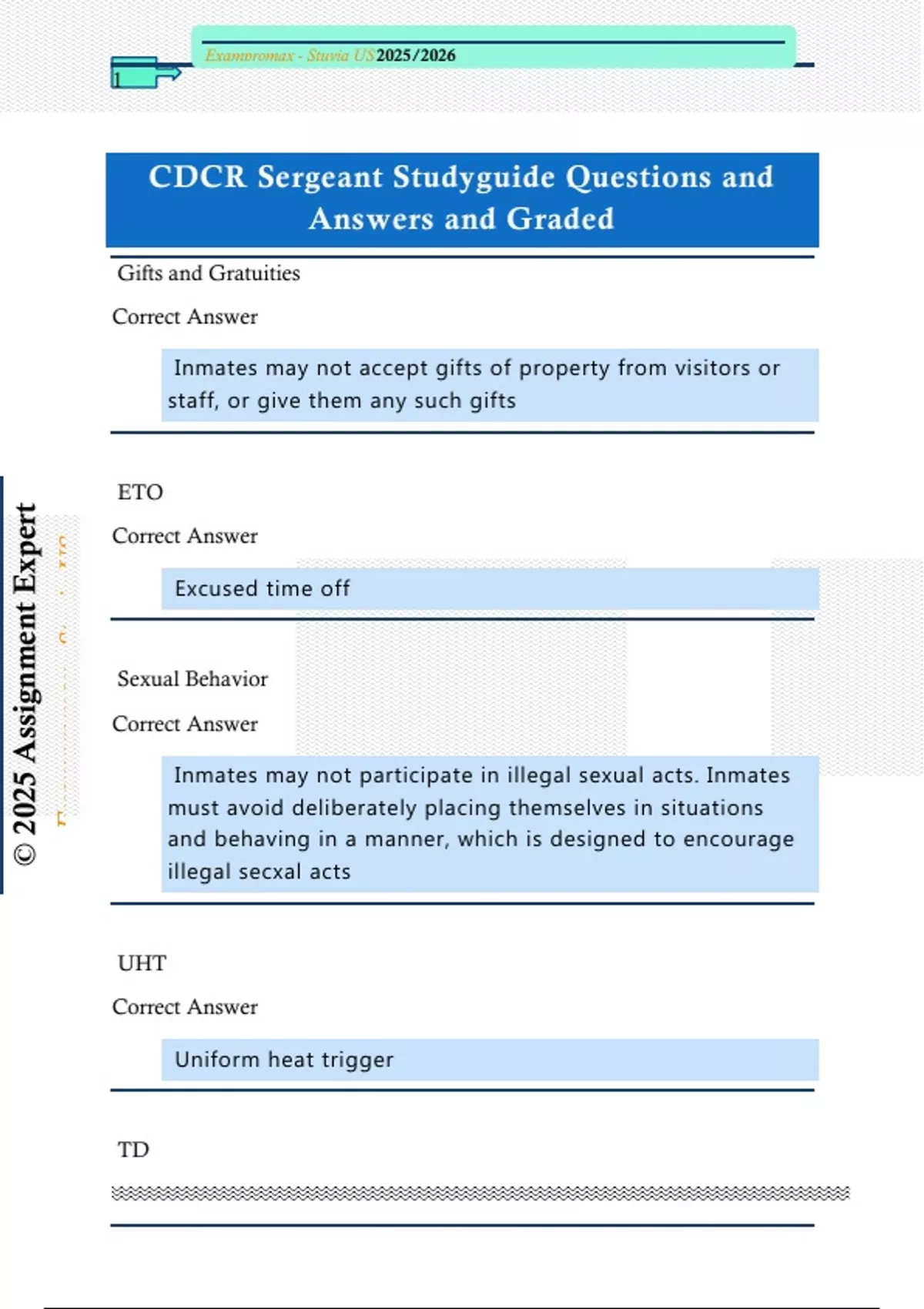 CDCR Sergeant Studyguide Questions and Answers and Graded - CDCR ...