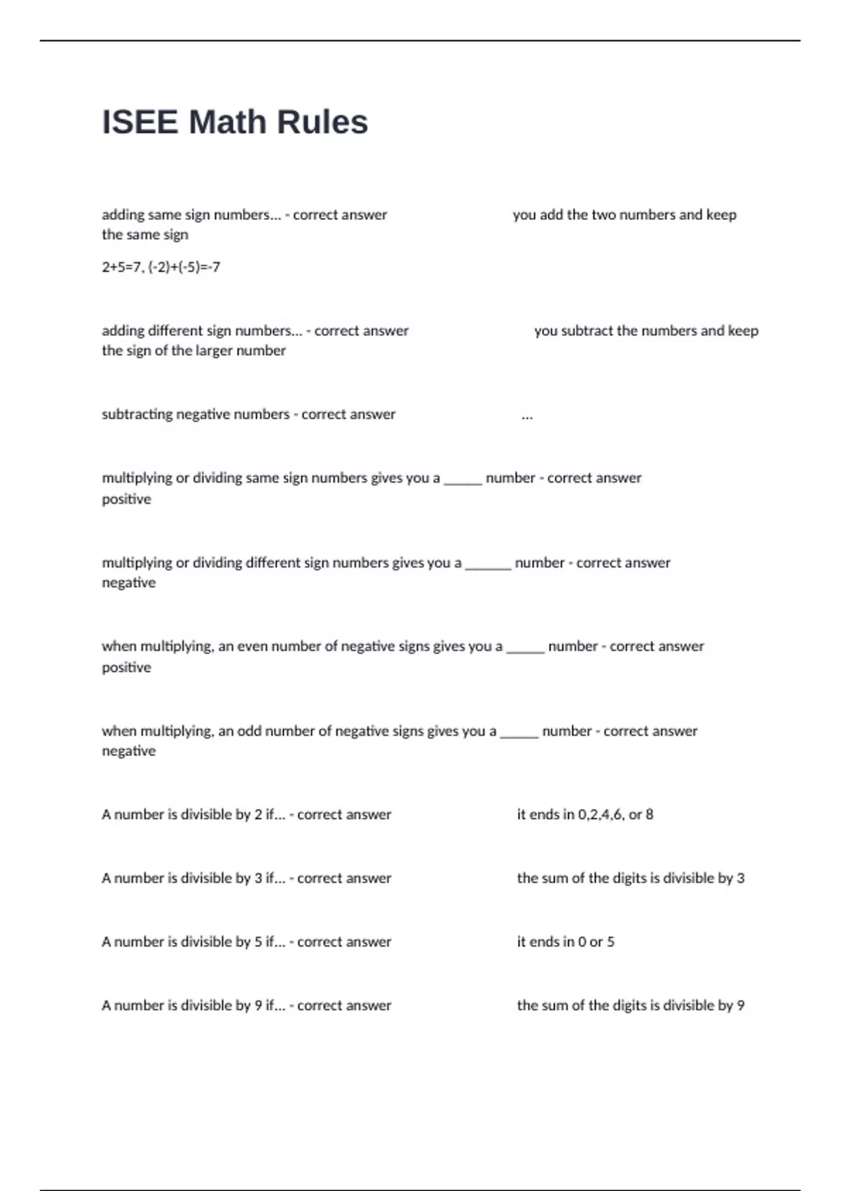 ISEE Math Rules Proctored Exam Complete Solutions 100% Verified Answers ...