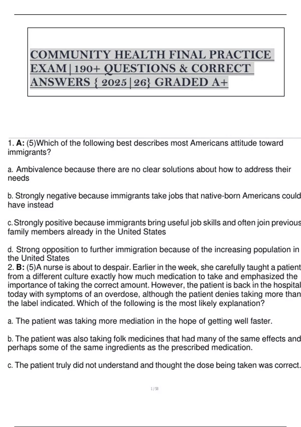 COMMUNITY HEALTH FINAL PRACTICE EXAM|190+ QUESTIONS & CORRECT ANSWERS ...