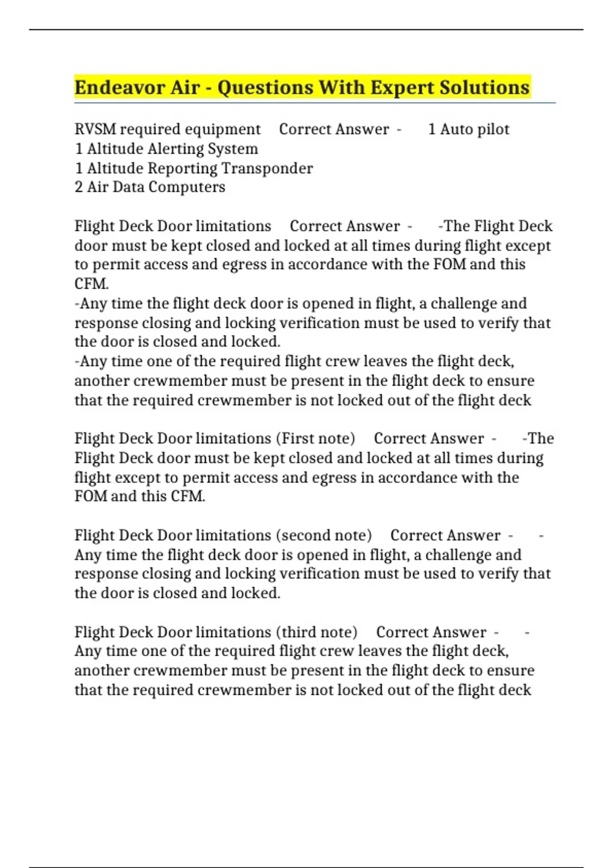 Endeavor Air - Questions With Expert Solutions - Endeavor Air - Stuvia US