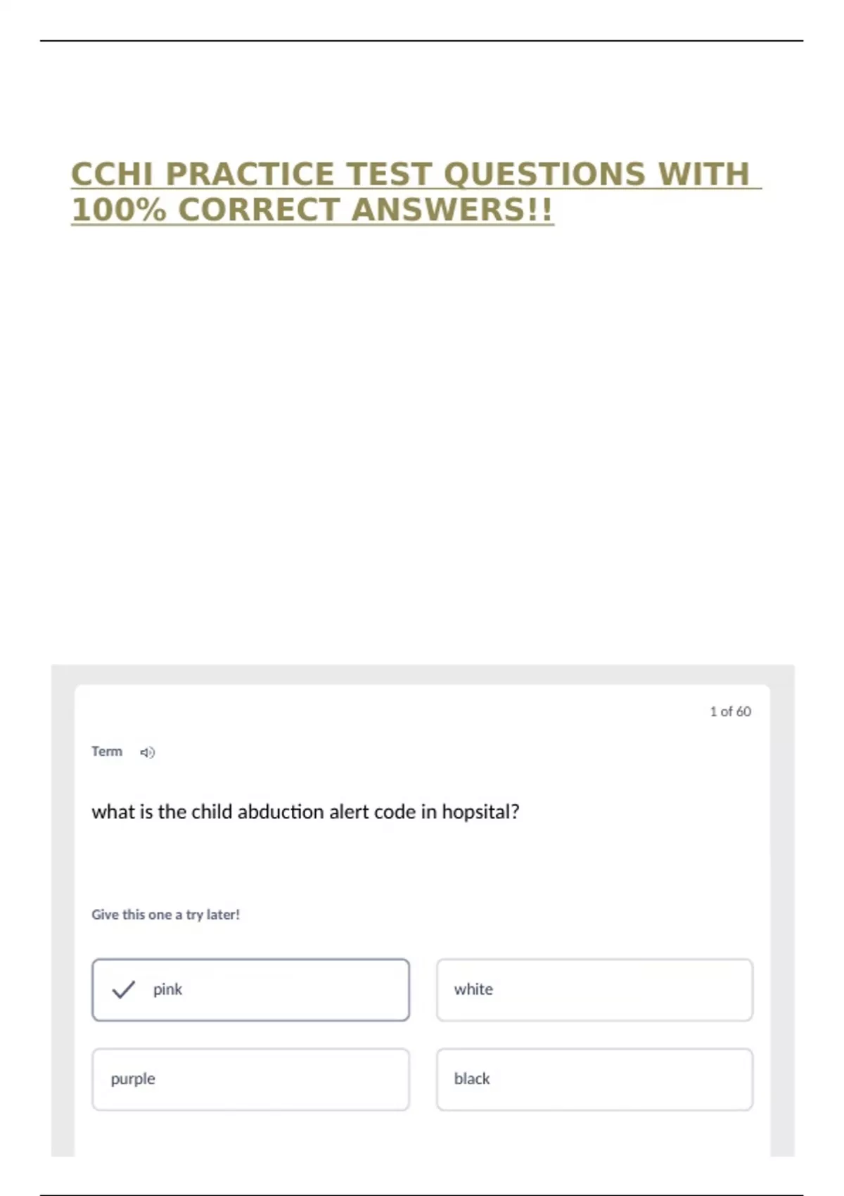 CCHI PRACTICE TEST QUESTIONS WITH 100% CORRECT ANSWERS!! - CCHI - Stuvia US