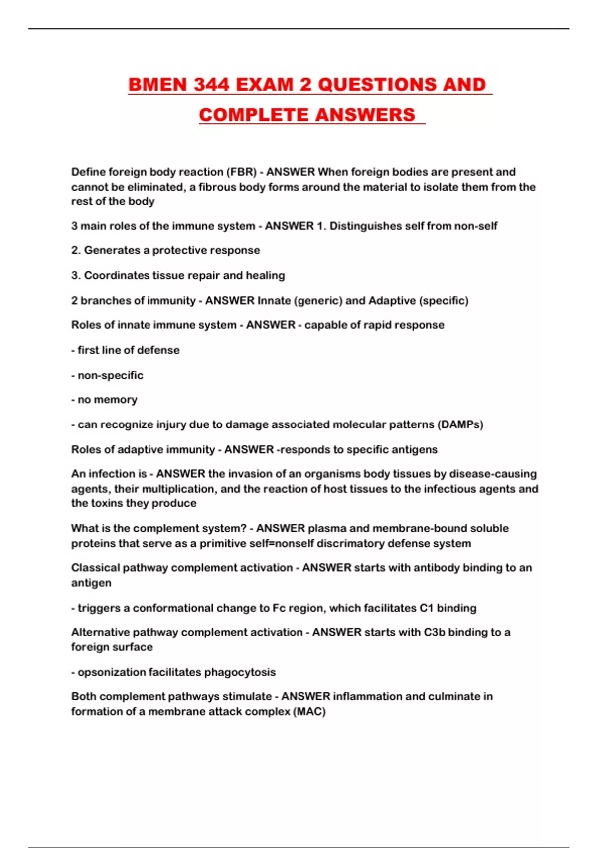 BMEN 344 EXAM 2 QUESTIONS AND COMPLETE ANSWERS - BMEN 344 - Stuvia US