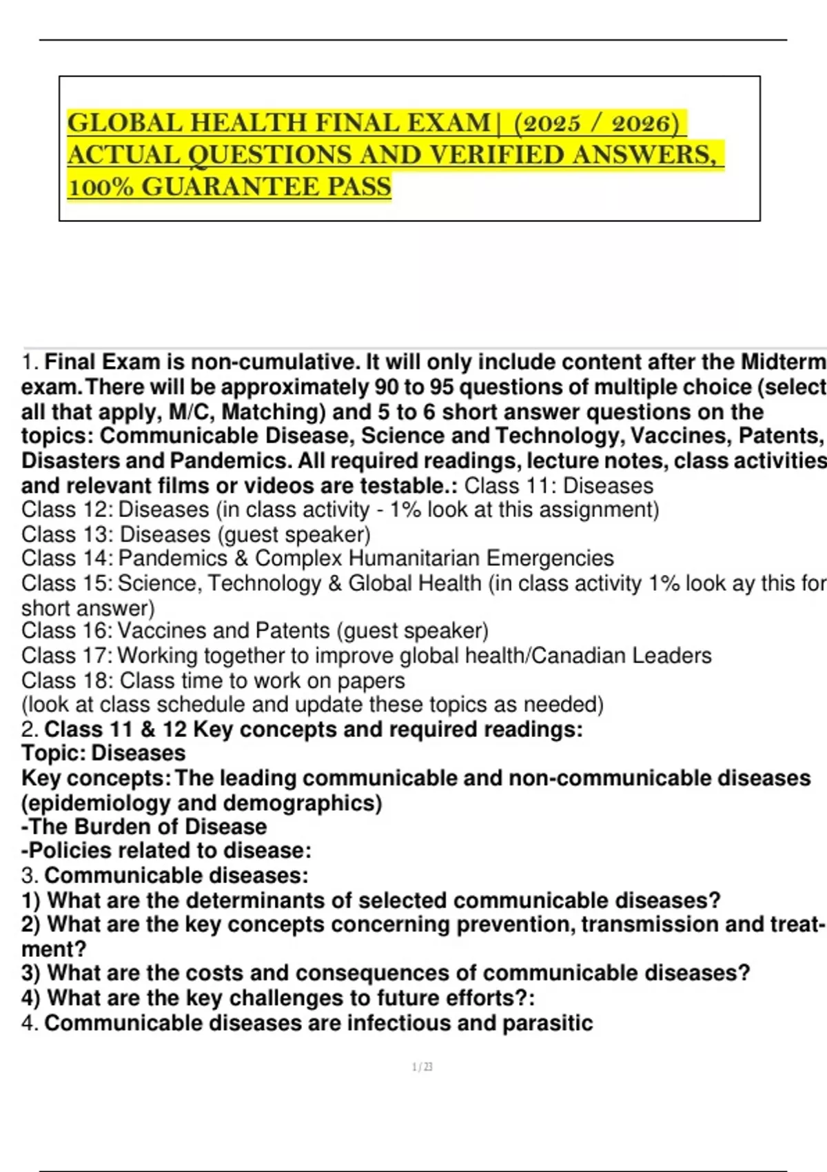 GLOBAL HEALTH FINAL EXAM| (2025 / 2026) ACTUAL QUESTIONS AND VERIFIED ...
