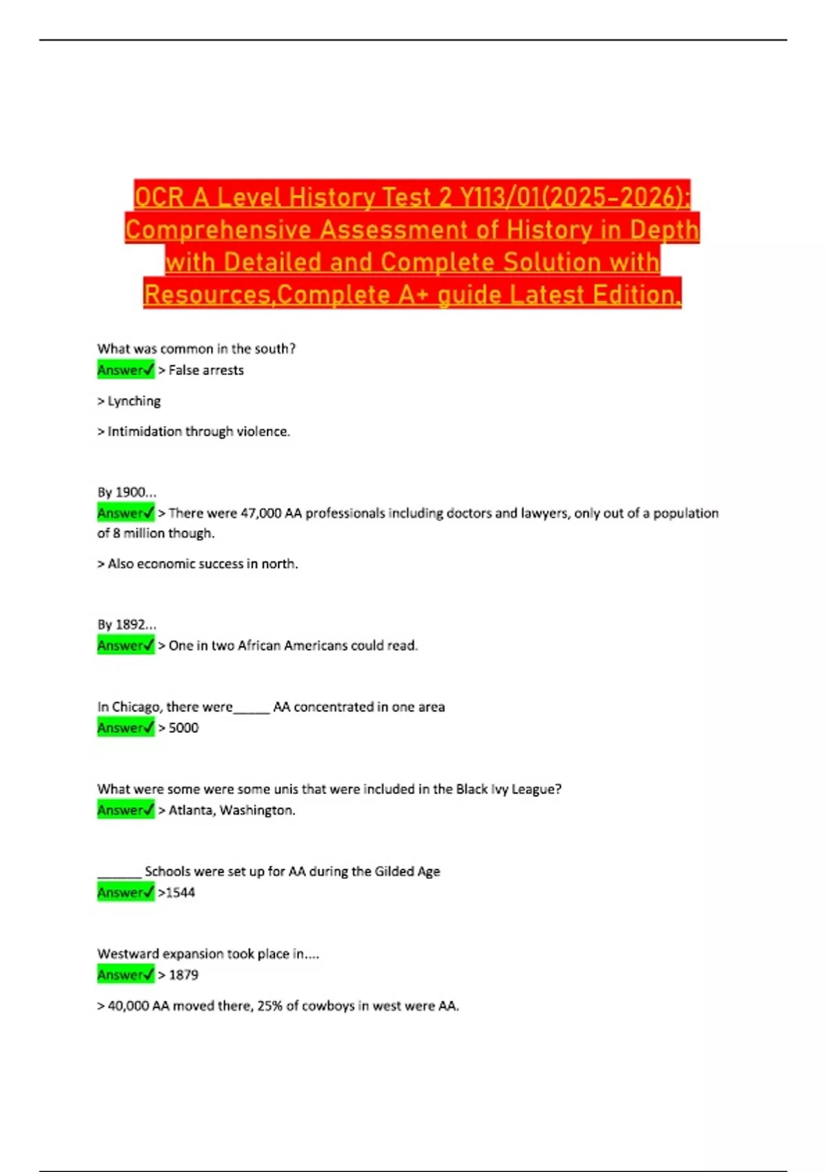 OCR A Level History Test 2 Y113/01(): Comprehensive Assessment of ...