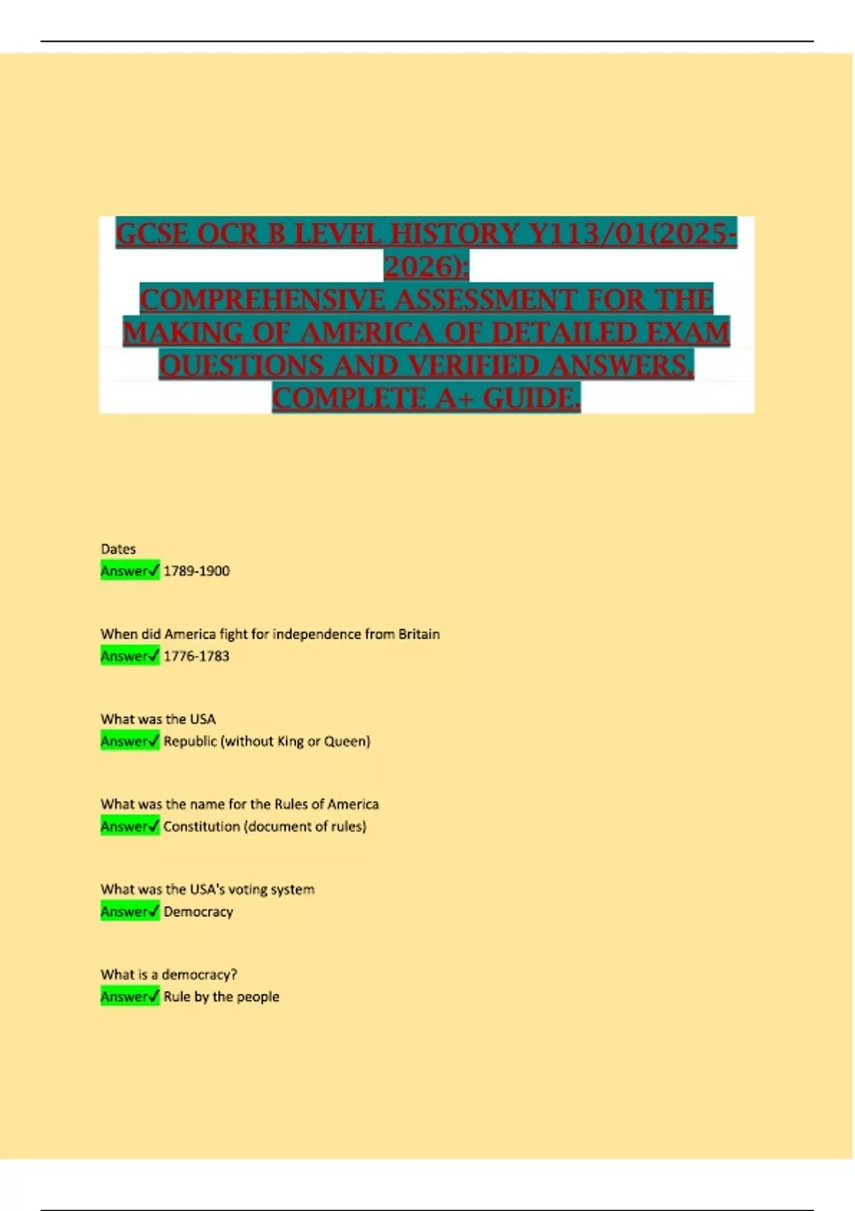 GCSE OCR B LEVEL HISTORY Y113/01(): COMPREHENSIVE ASSESSMENT FOR THE ...