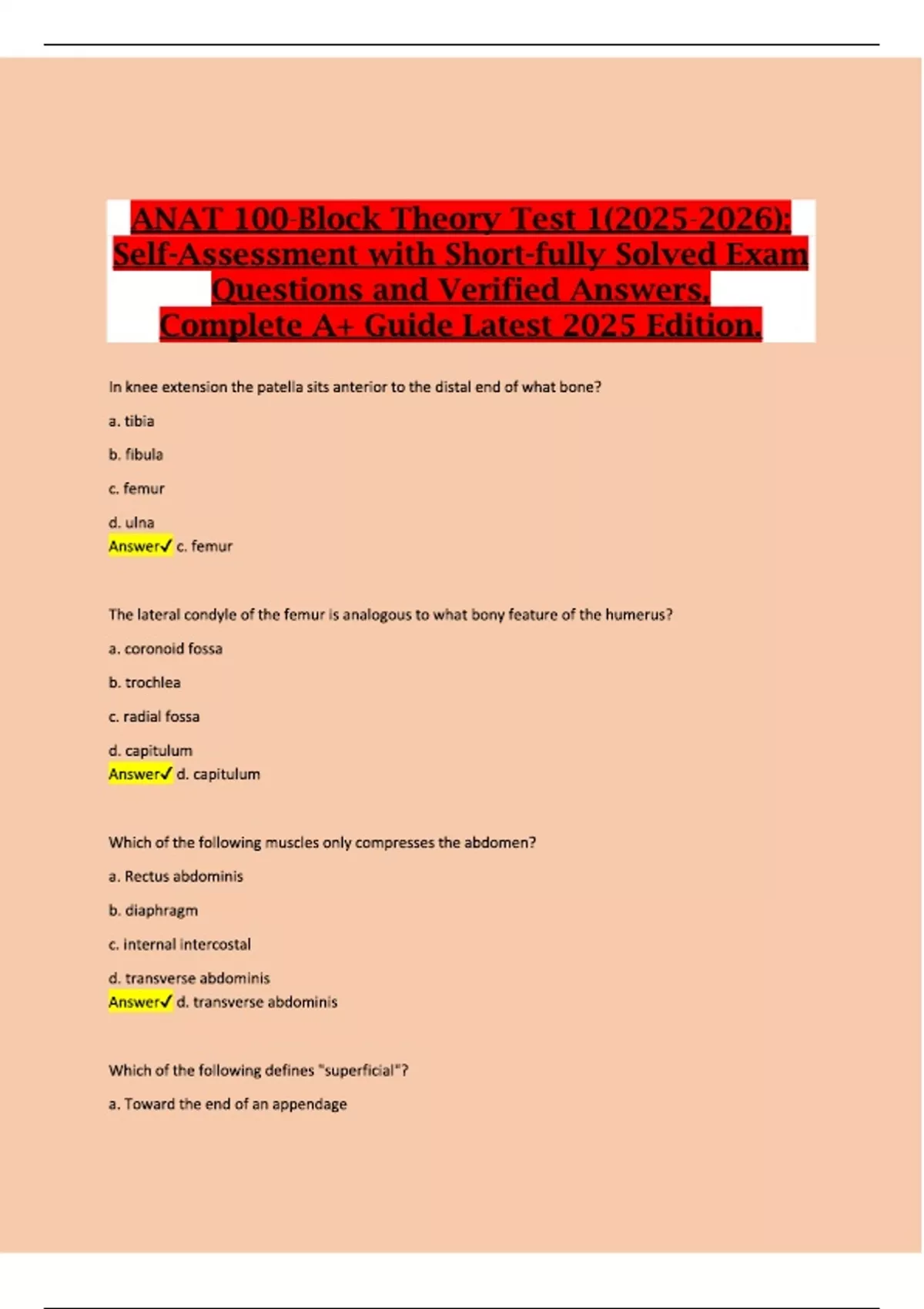 ANAT 100-Block Theory Test 1(): Self-Assessment with Short-fully Solved ...