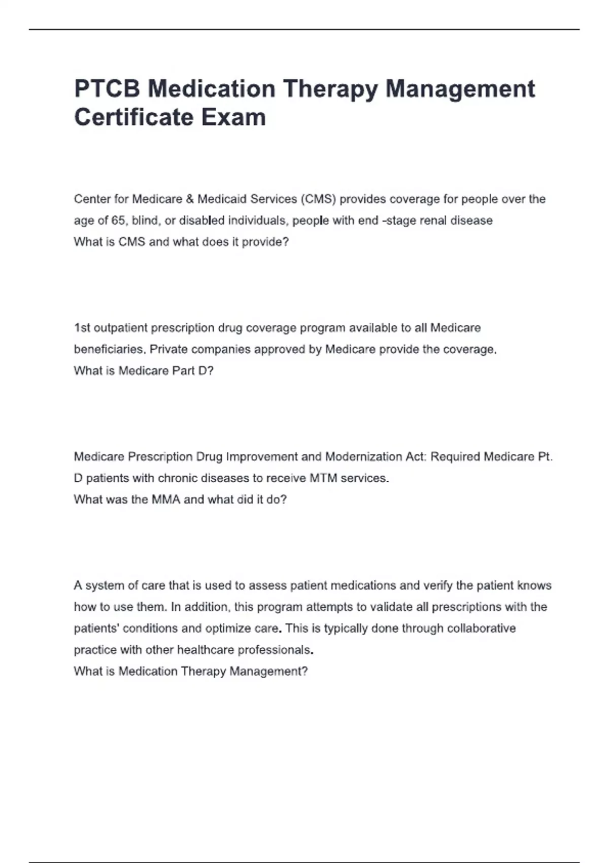 PTCB Medication Therapy Management Certificate Exam Questions and ...