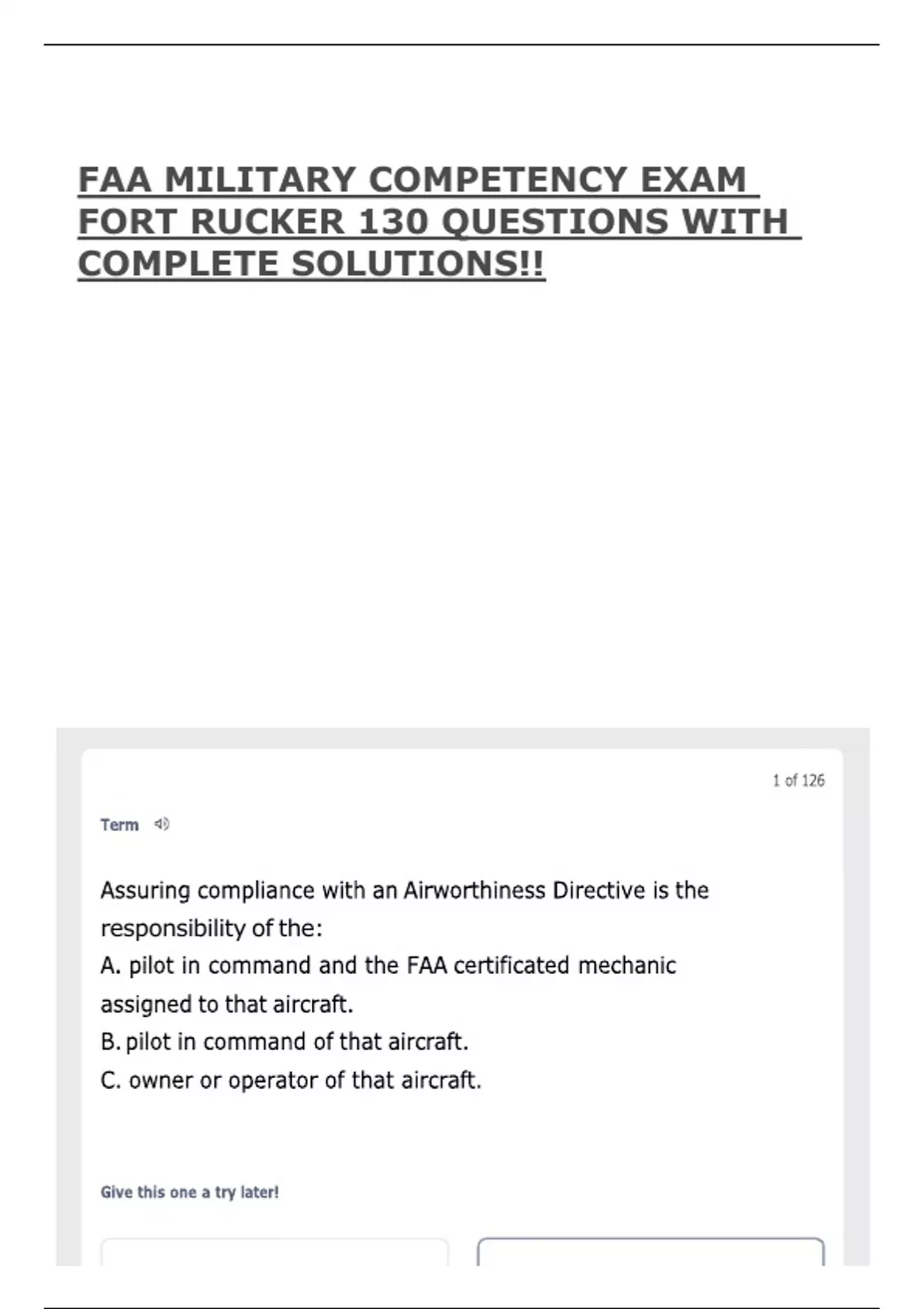 FAA MILITARY COMPETENCY EXAM FORT RUCKER 130 QUESTIONS WITH COMPLETE ...