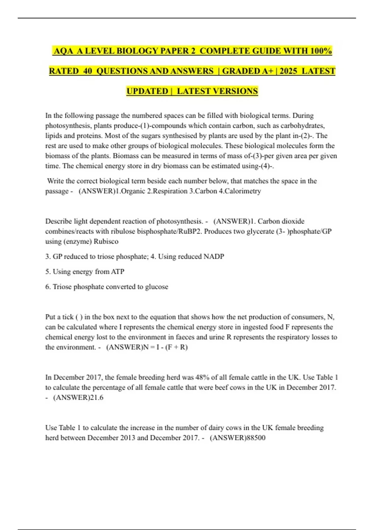 AQA A LEVEL BIOLOGY PAPER 2 COMPLETE GUIDE WITH 100% RATED 40 QUESTIONS ...