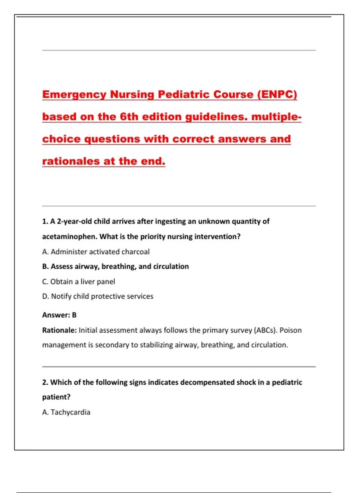 Emergency Nursing Pediatric Course (ENPC) based on the 6th edition ...