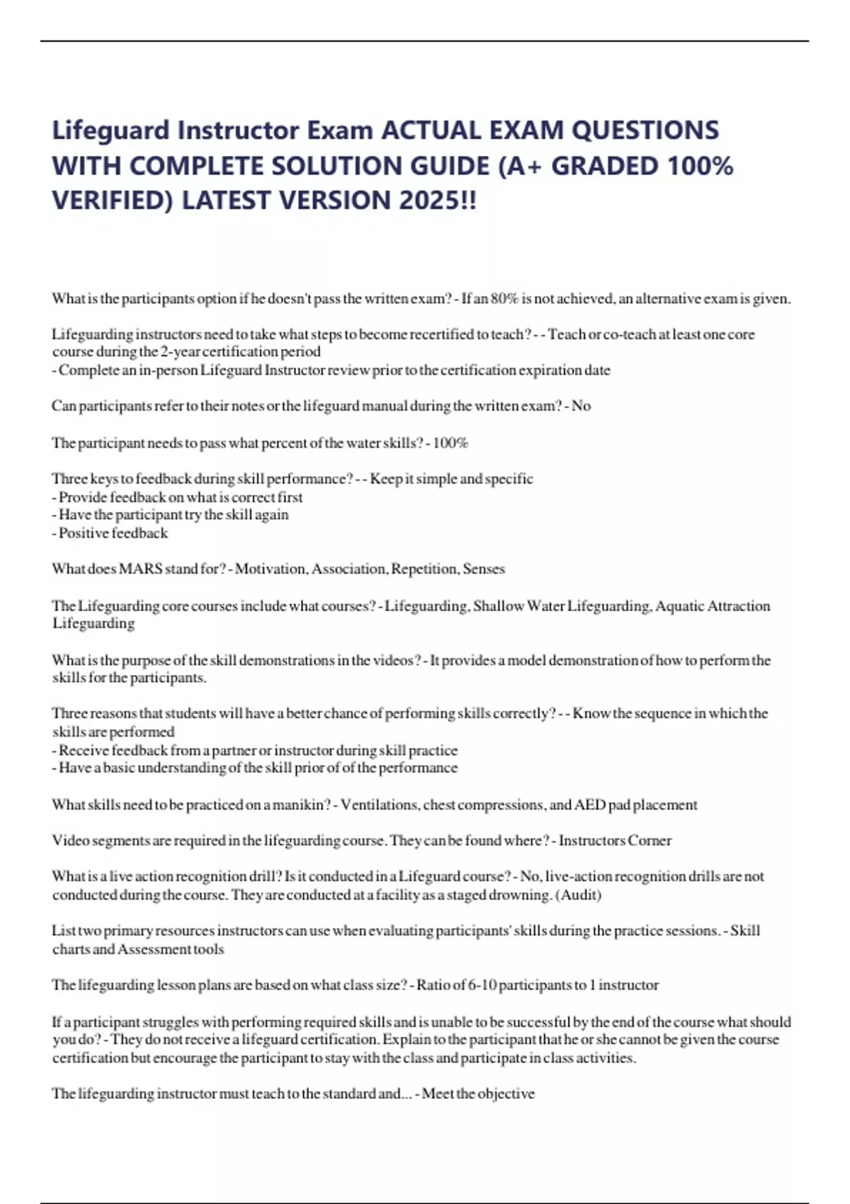 Lifeguard Instructor Exam ACTUAL EXAM QUESTIONS WITH COMPLETE SOLUTION ...