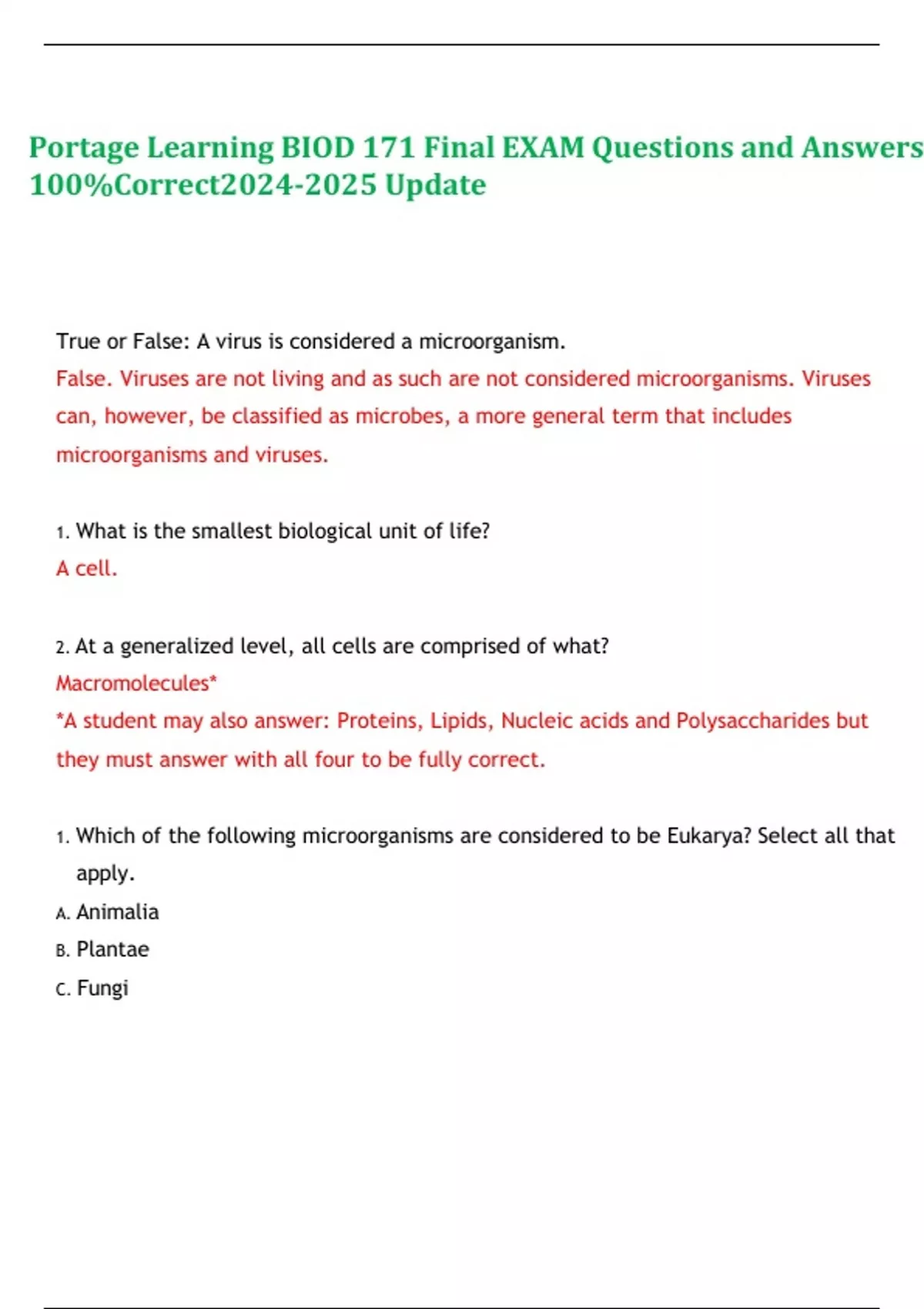 Portage Learning BIOD 171 Final EXAM Questions and Answers 100-Correct Update. - BIOD 171 ...