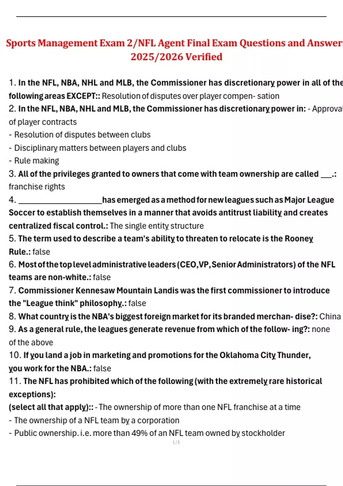 Sports Management Exam 2 / NFL Agent Final Exam | Verified Questions ...