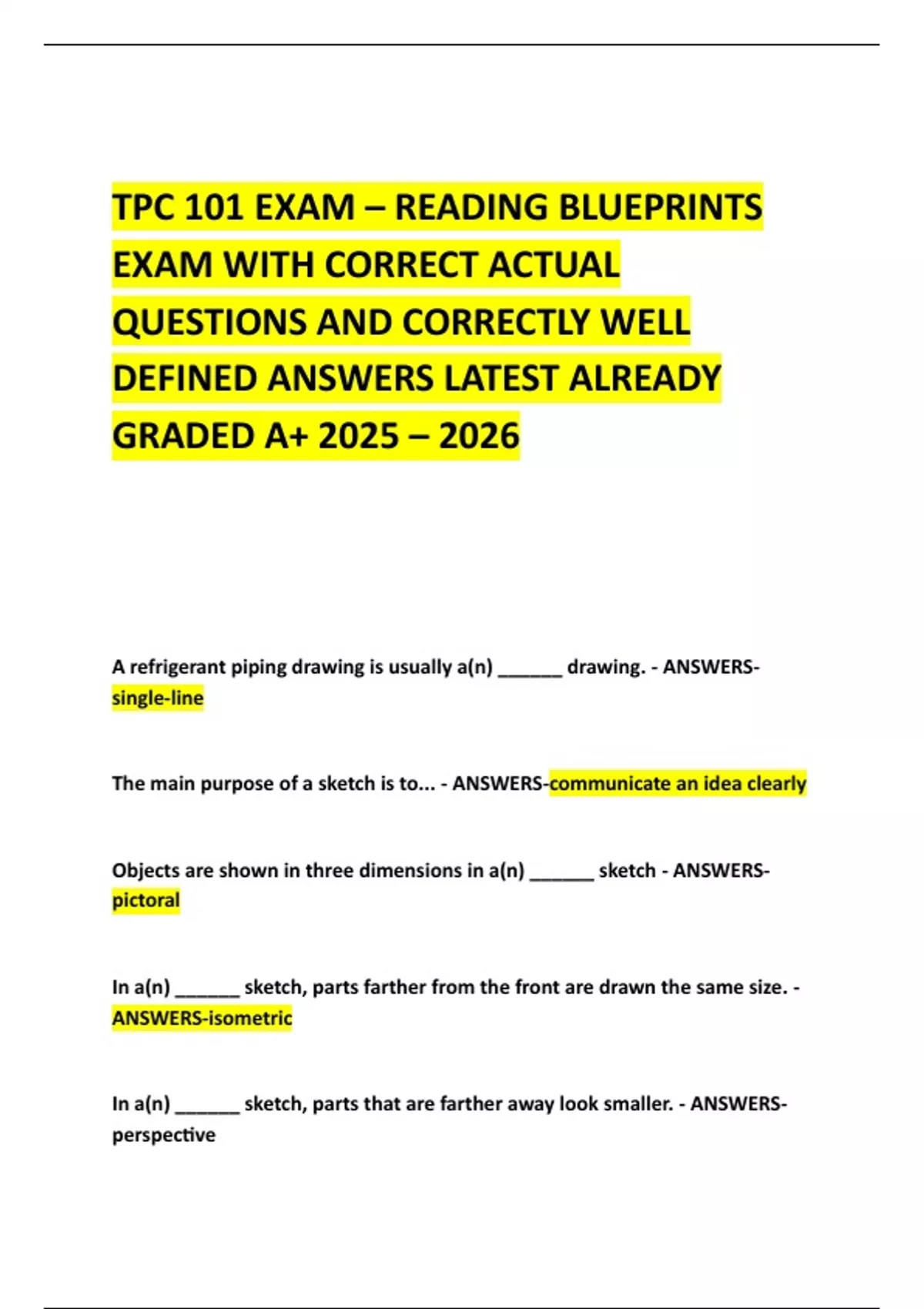 TPC 101 EXAM – READING BLUEPRINTS EXAM WITH CORRECT ACTUAL QUESTIONS ...