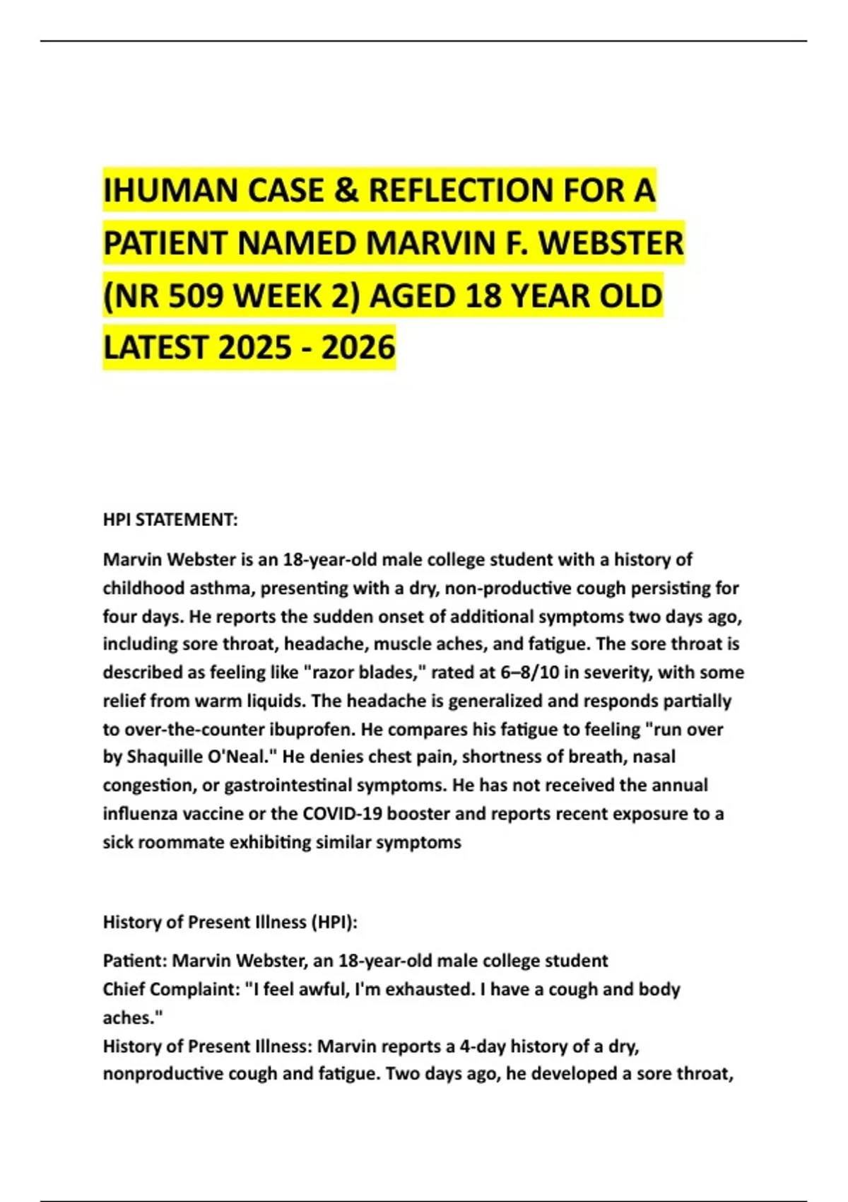 IHUMAN CASE & REFLECTION FOR A PATIENT NAMED MARVIN F. WEBSTER (NR 509 ...