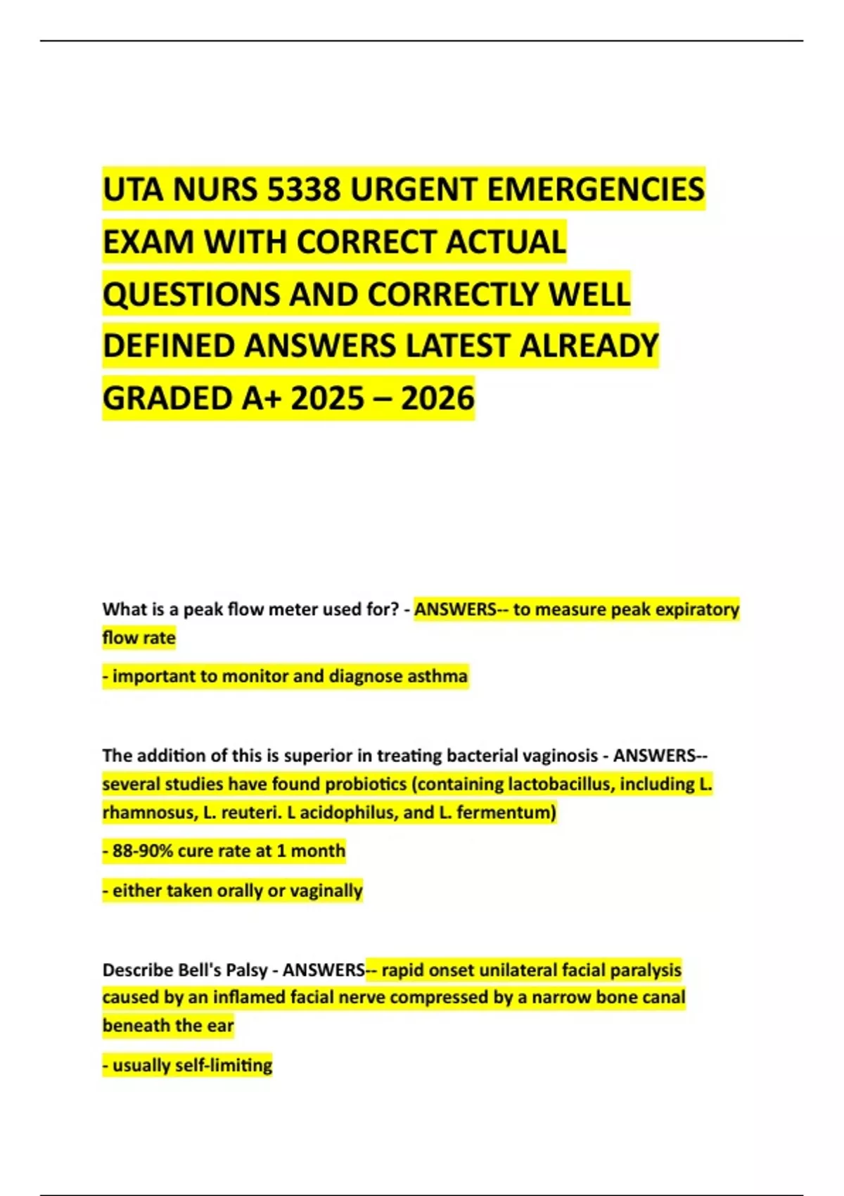 UTA NURS 5338 URGENT EMERGENCIES EXAM WITH CORRECT ACTUAL QUESTIONS AND ...