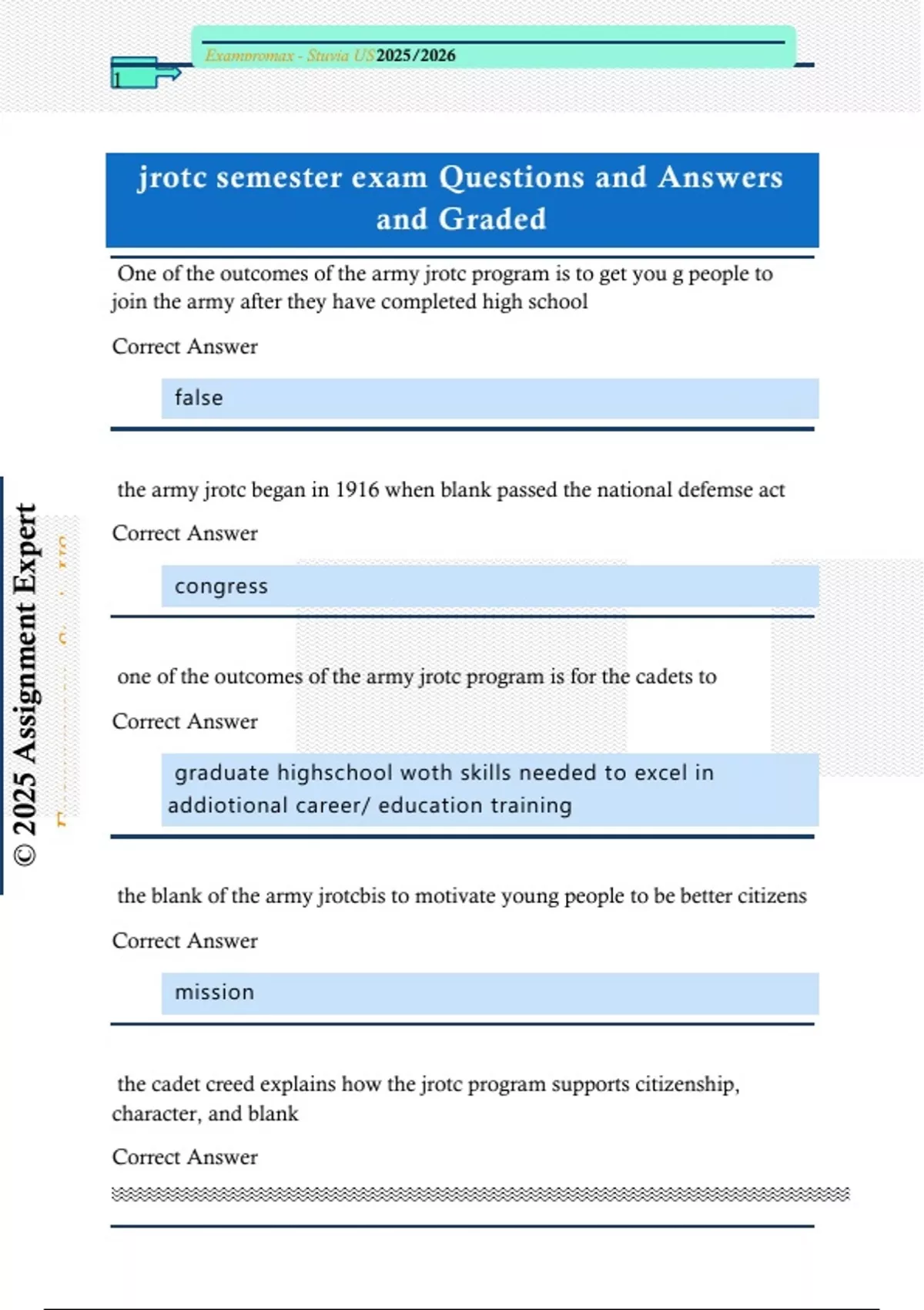 jrotc semester exam Questions and Answers and Graded - JROTC - Stuvia US