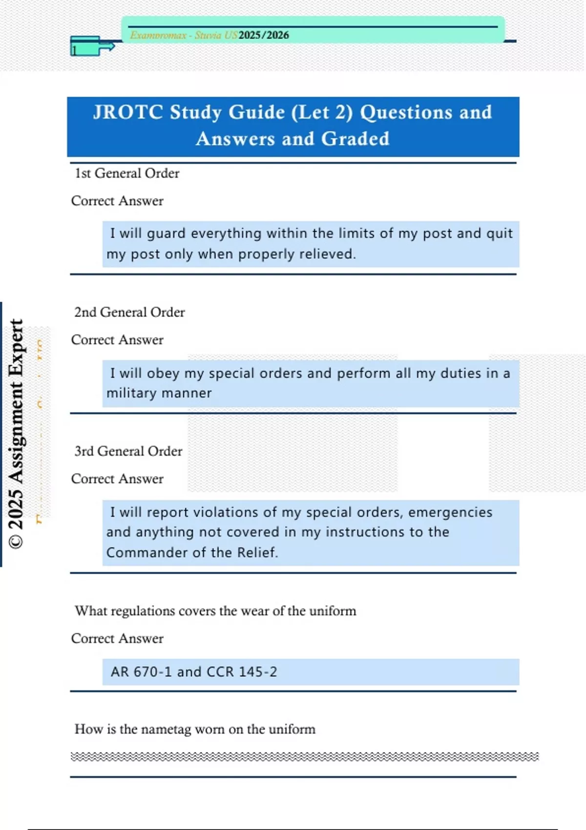 JROTC Study Guide (Let 2) Questions and Answers and Grade - JROTC ...