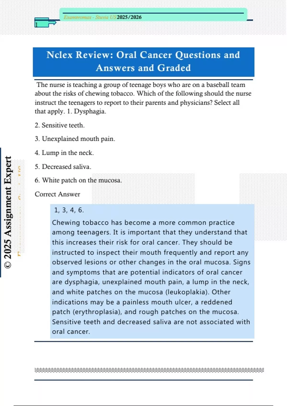 Nclex Review: Oral Cancer Questions and Answers and Graded - NCLEX ...