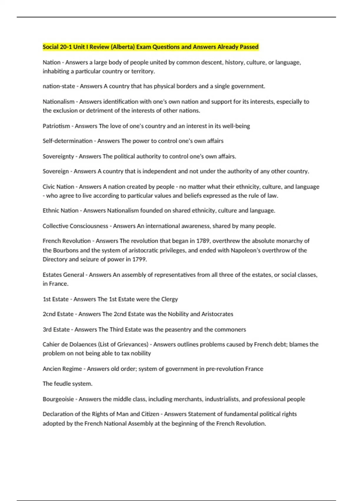 Social 20-1 Unit I Review (Alberta) Exam Questions and Answers Already ...