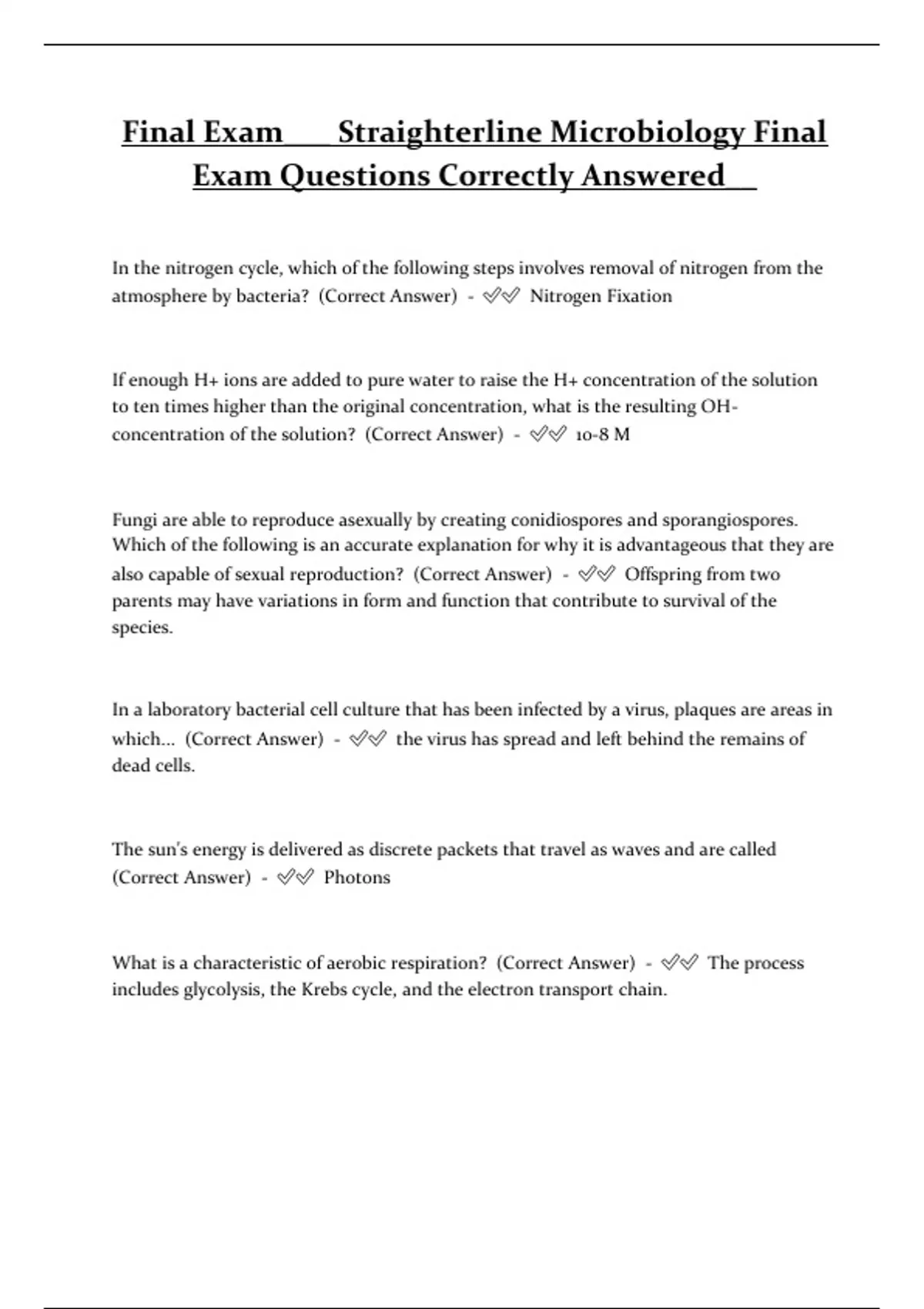 Straighterline Microbiology – Final Exam – Correctly Answered Questions ...