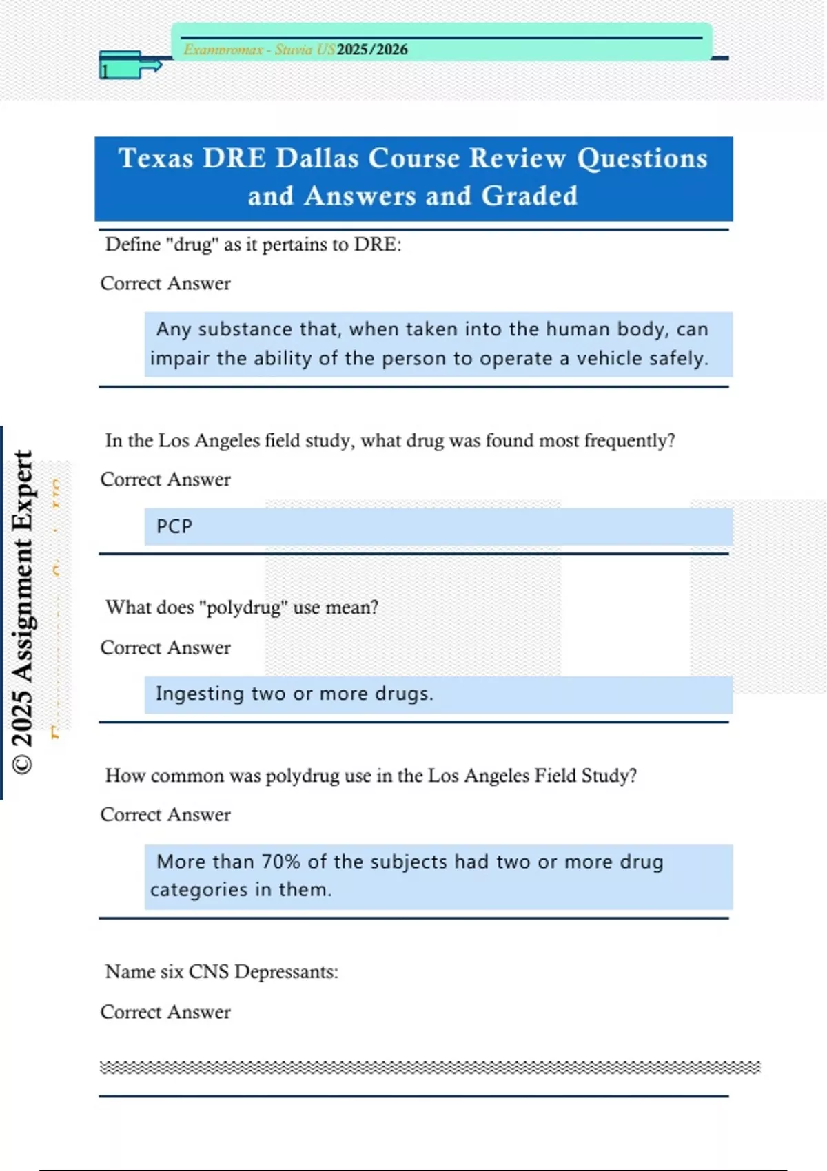 Texas DRE Dallas Course Review Questions and Answers and Graded - Texas ...