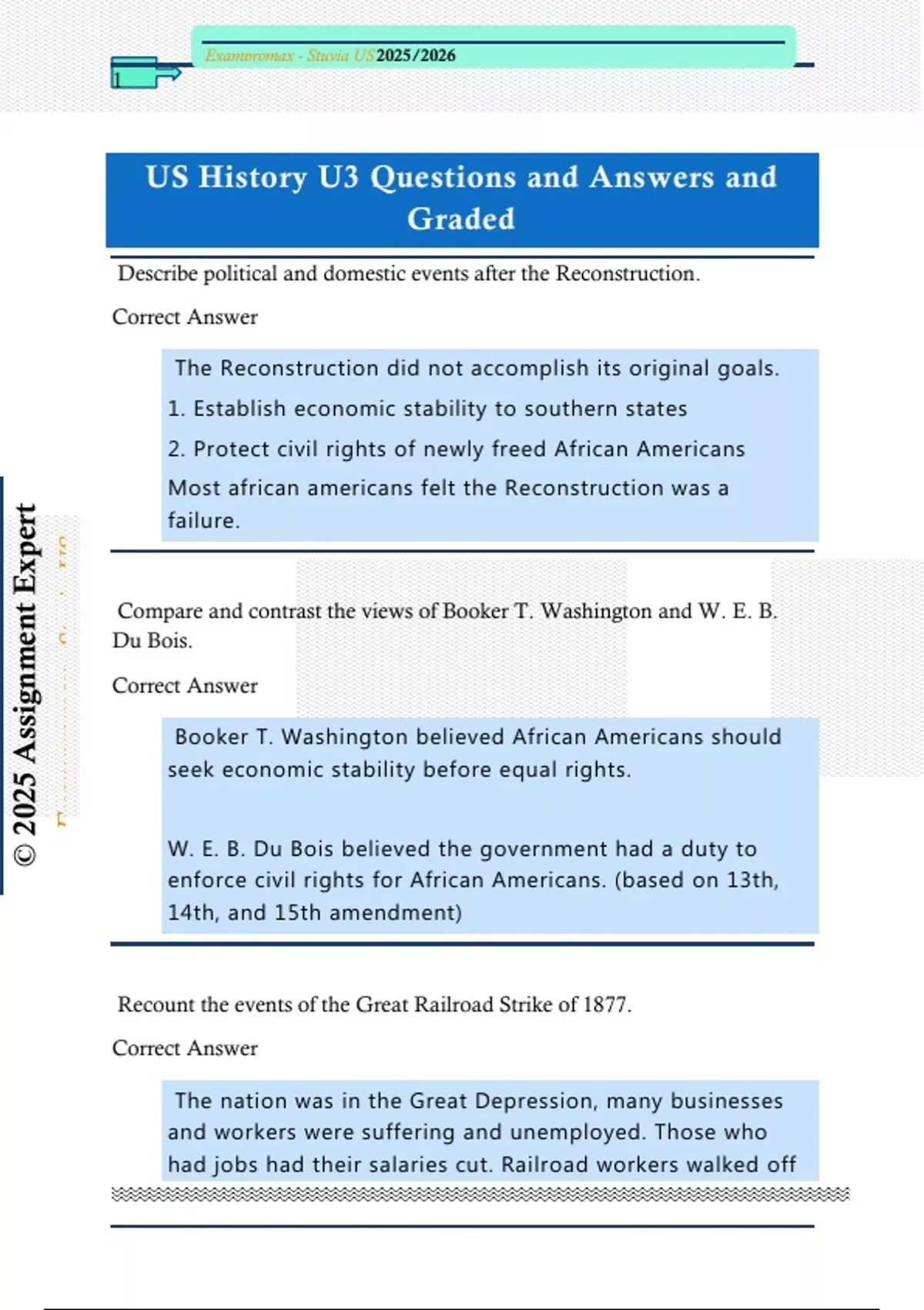 US History U3 Questions and Answers and Graded - US History U3 - Stuvia US