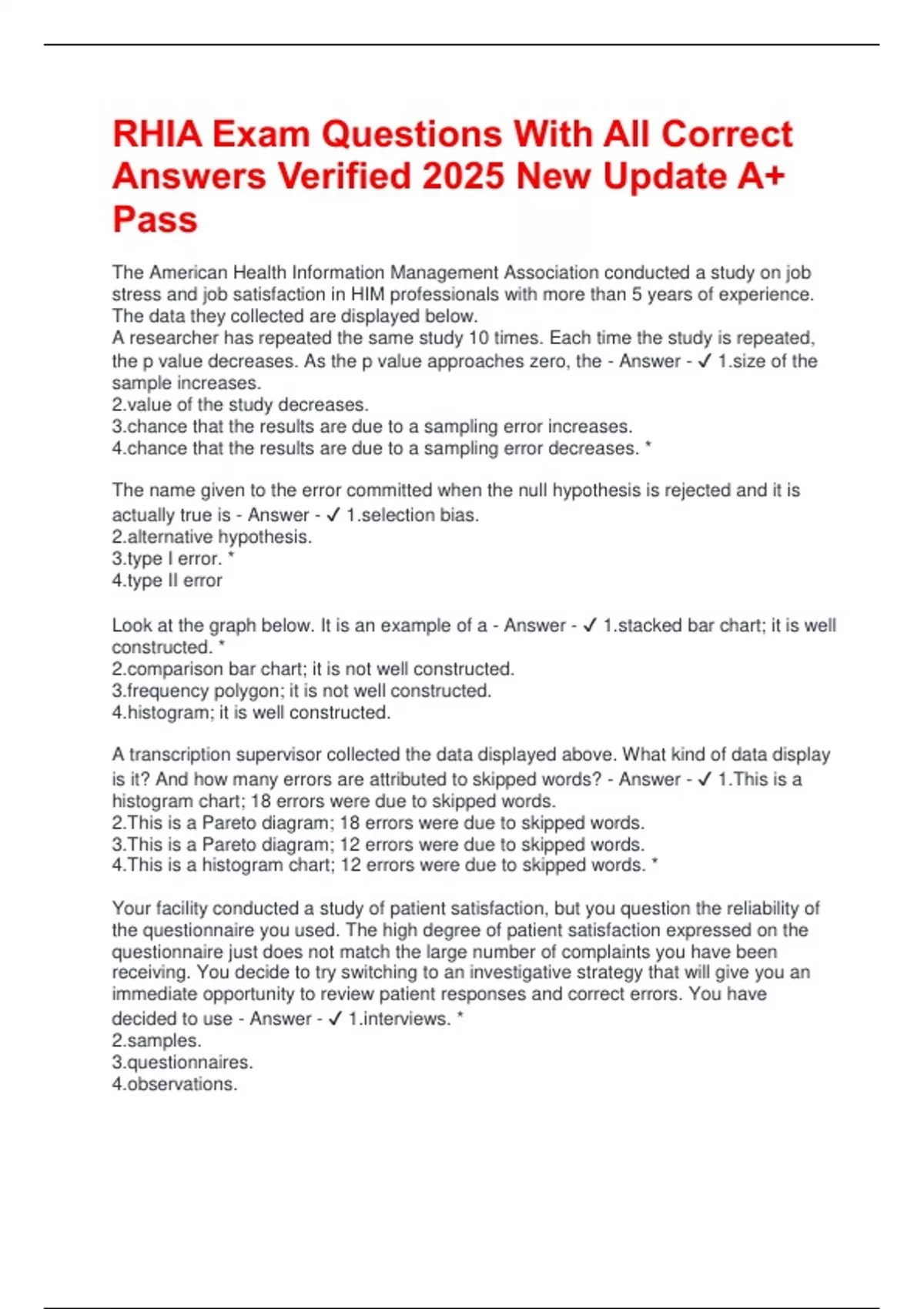 RHIA Exam Questions With All Correct Answers Verified 2025 New Update ...