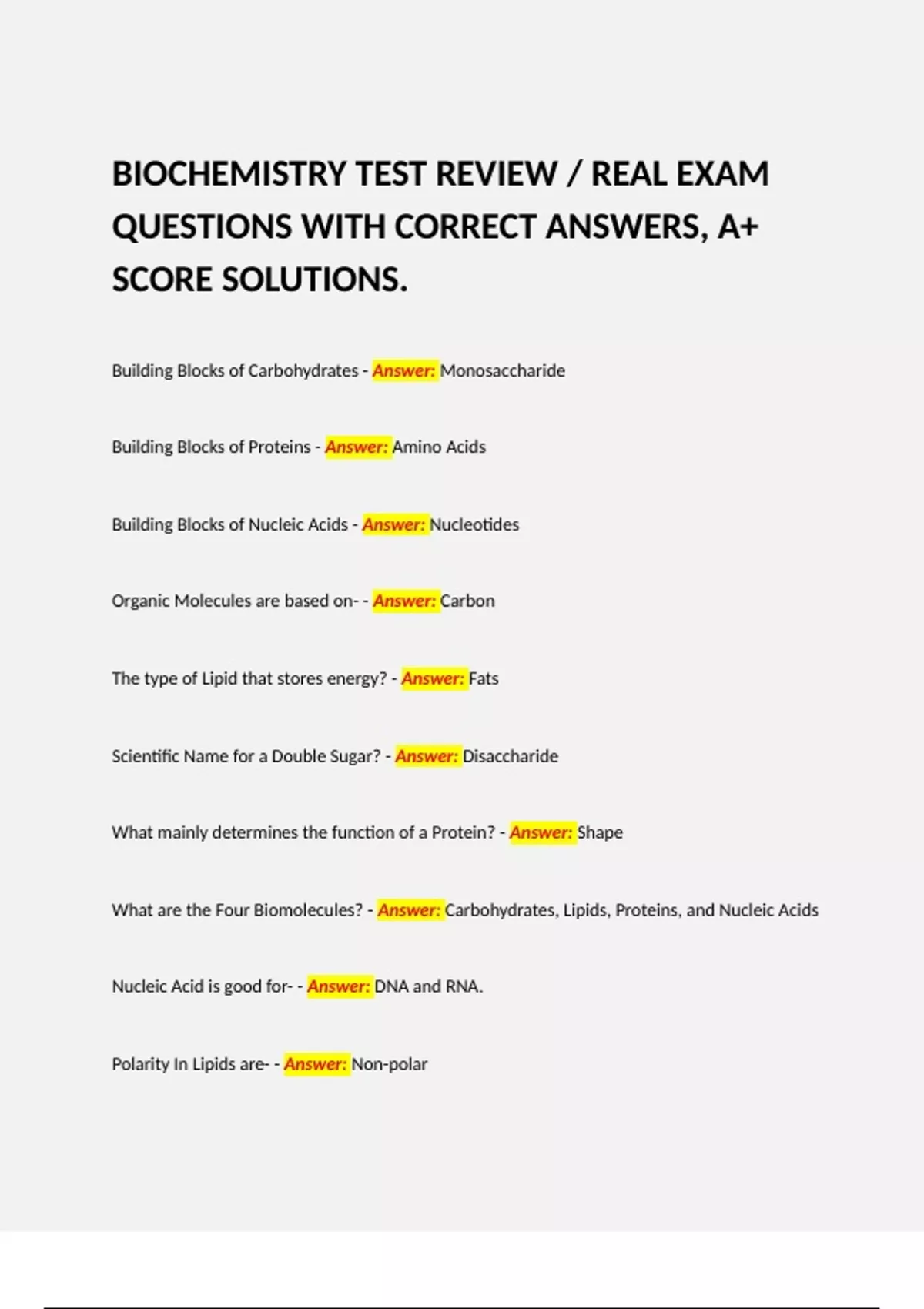 BIOCHEMISTRY TEST REVIEW / REAL EXAM QUESTIONS WITH CORRECT ANSWERS, A+ ...