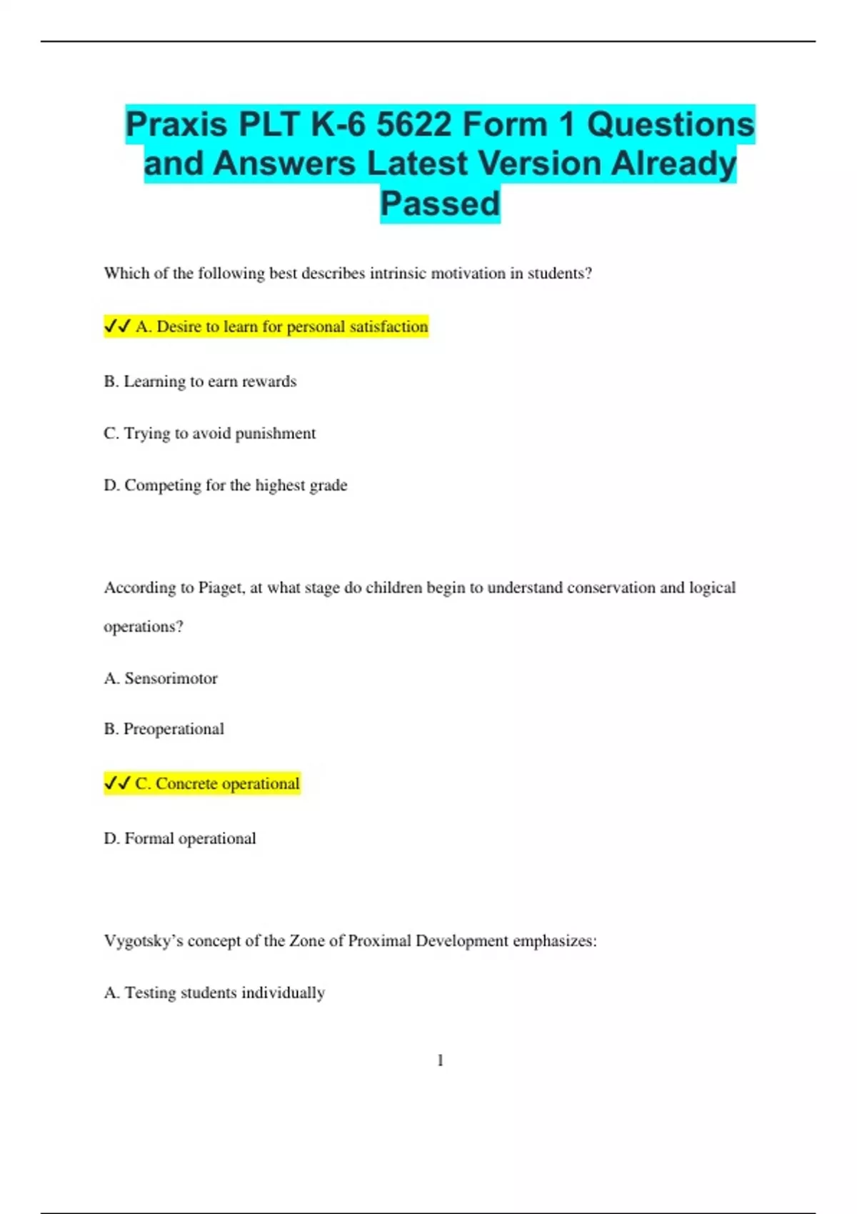 Praxis PLT K-6 5622 Form 1 Questions and Answers Latest Version Already ...