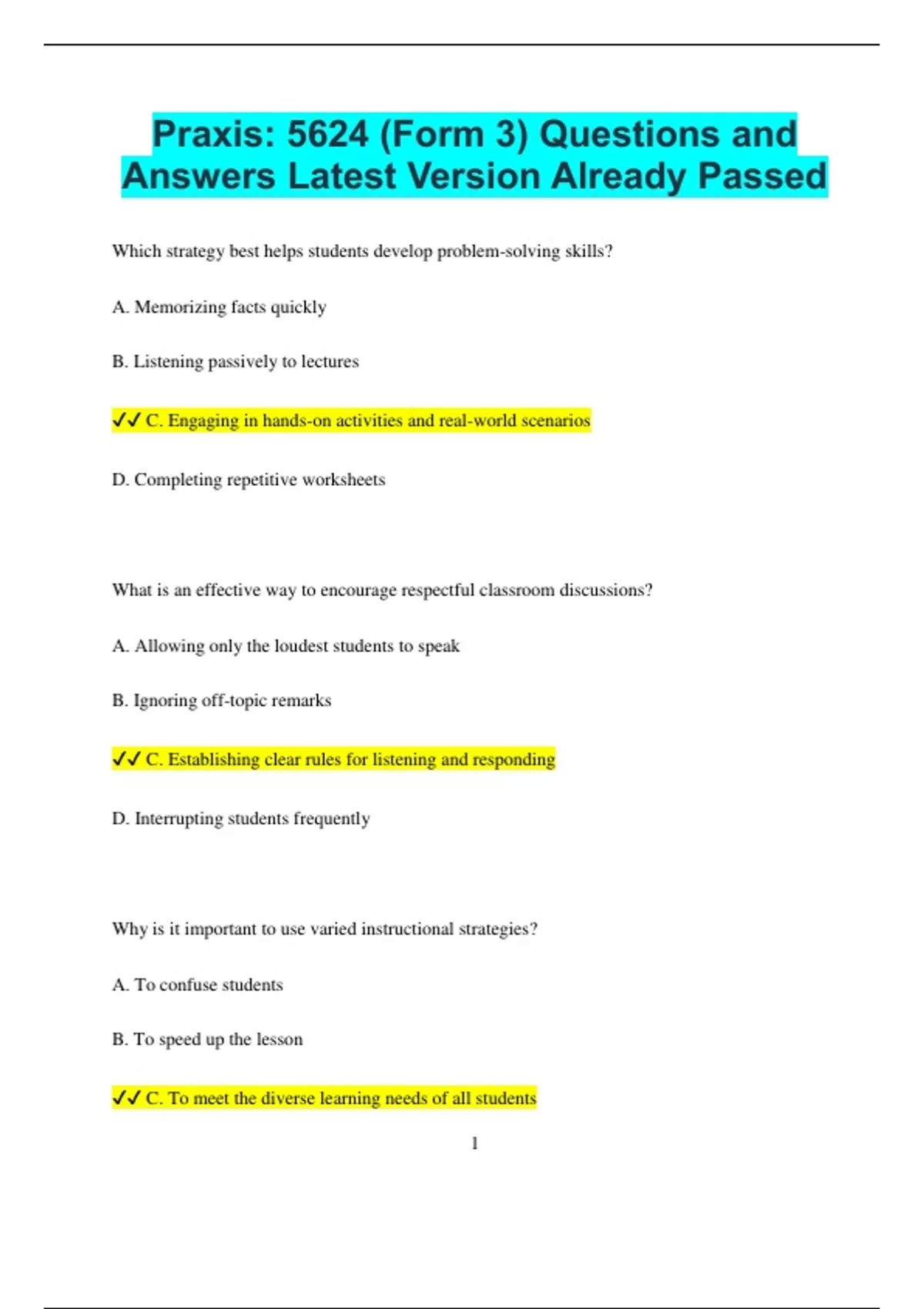 Praxis 5624 Bundled Exams Questions and Answers Multiple Versions ...