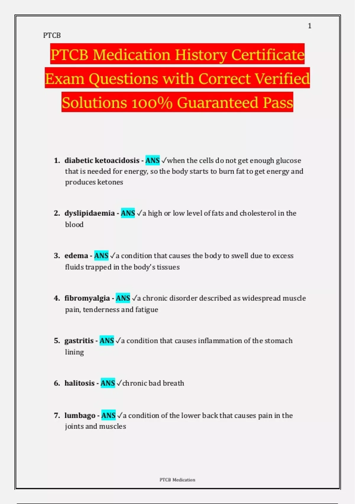 PTCB Medication History Certificate Exam Questions with Correct ...