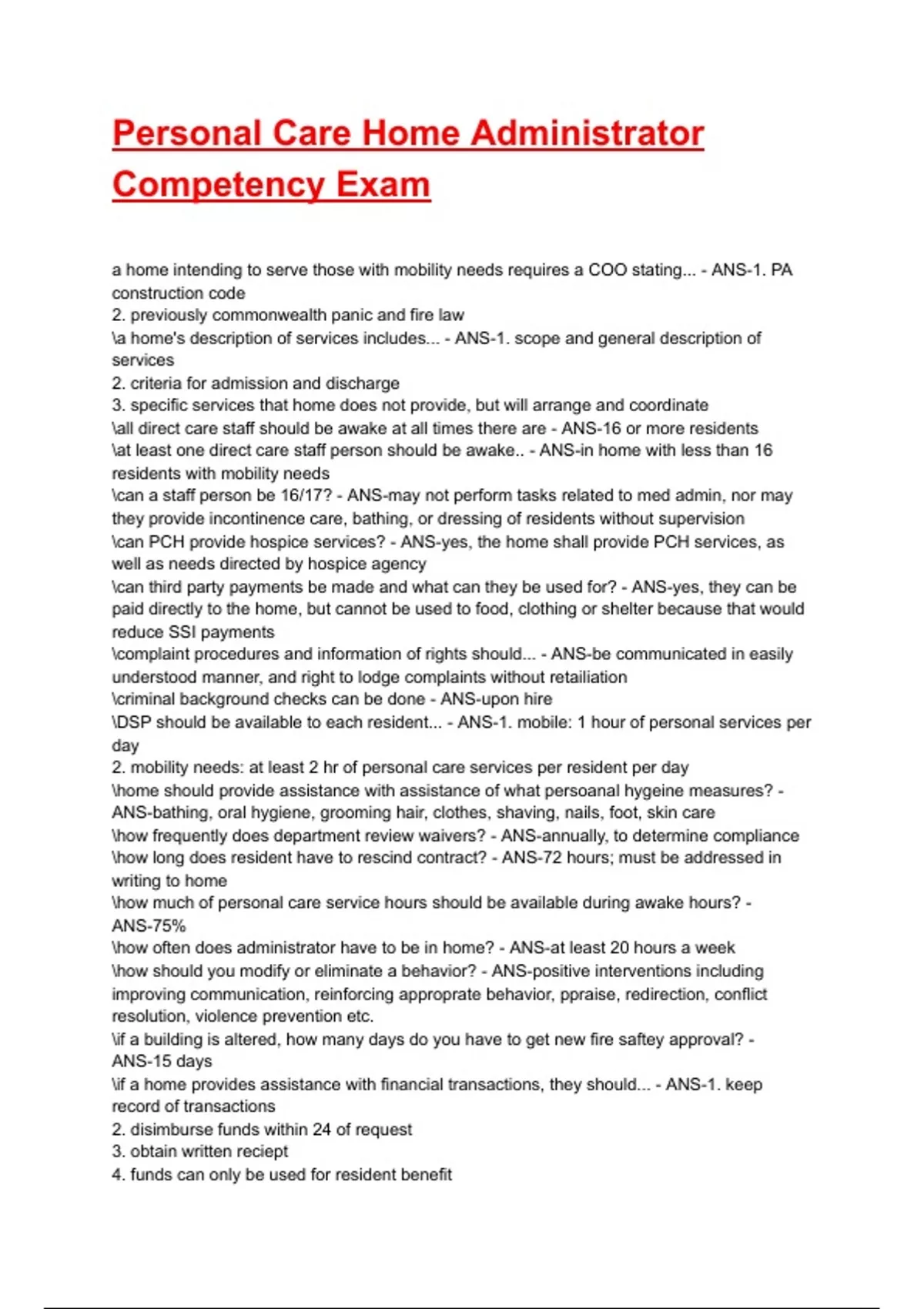 Personal Care Home Administrator Competency Exam 2025/2026 Questions ...